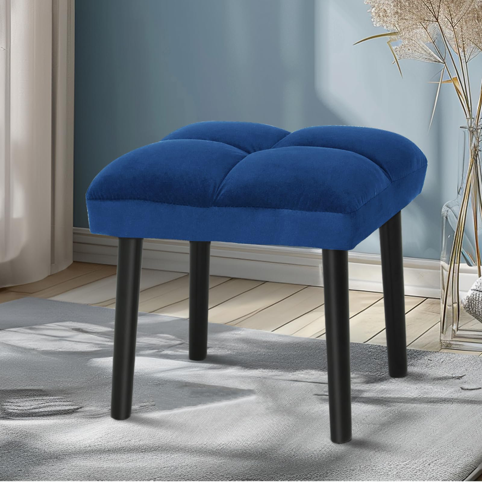 Mercer41 Soft Vanity Stool Blue Ottoman Stool, Square Makeup Stool With ...
