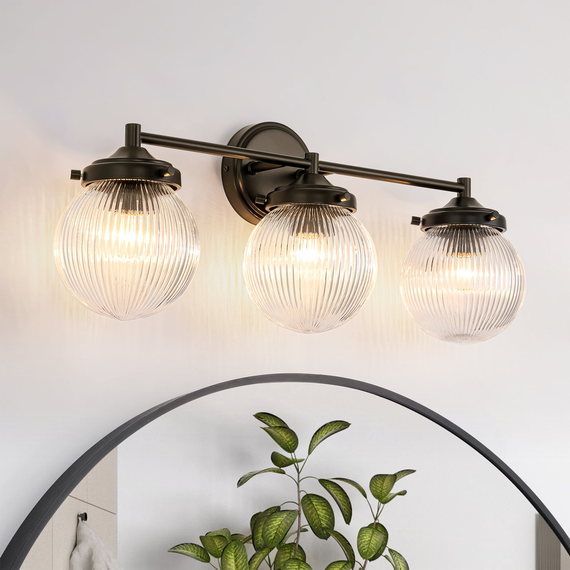 Ebern Designs Markeice 3-Light Dimmable Sphere Globe Ribbed Glass ...