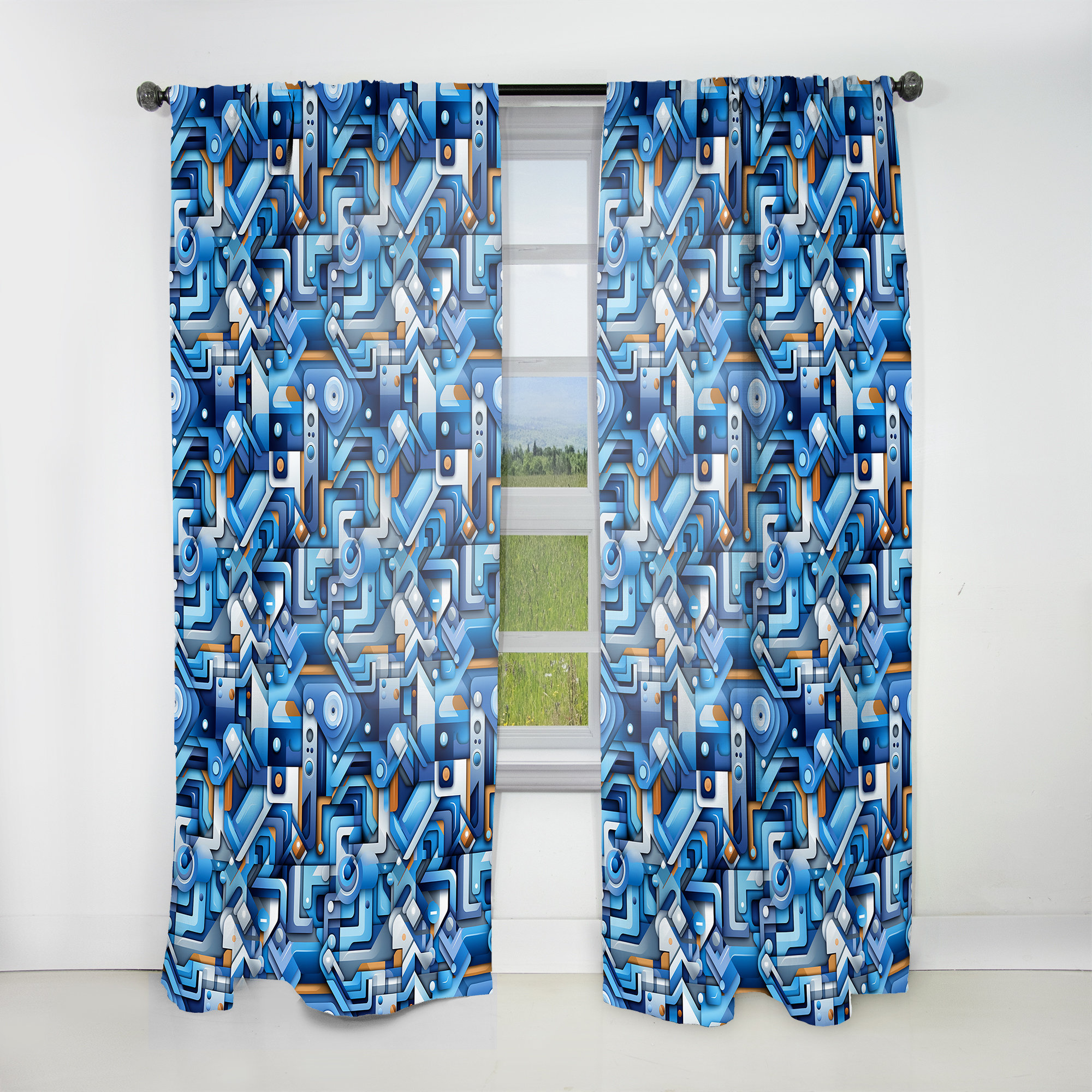 Design Art Blue Geometric Matrix Fantasy I - Modern Curtain - Velvet ...