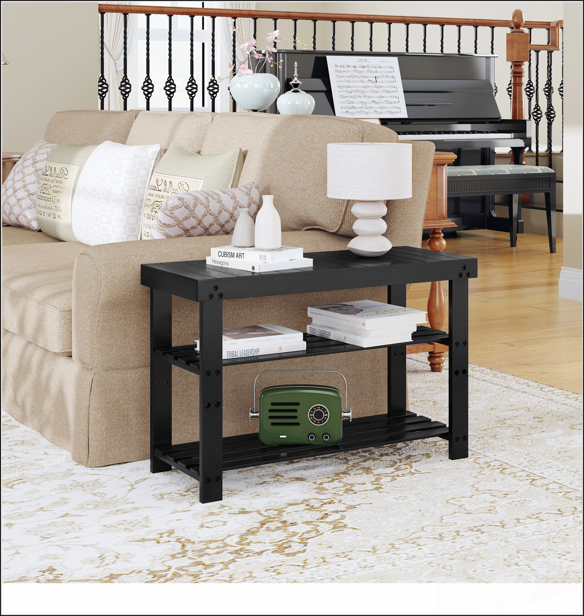 Ebern Designs Banc à chaussures en bambou, range-chaussures à 3 niveaux ...