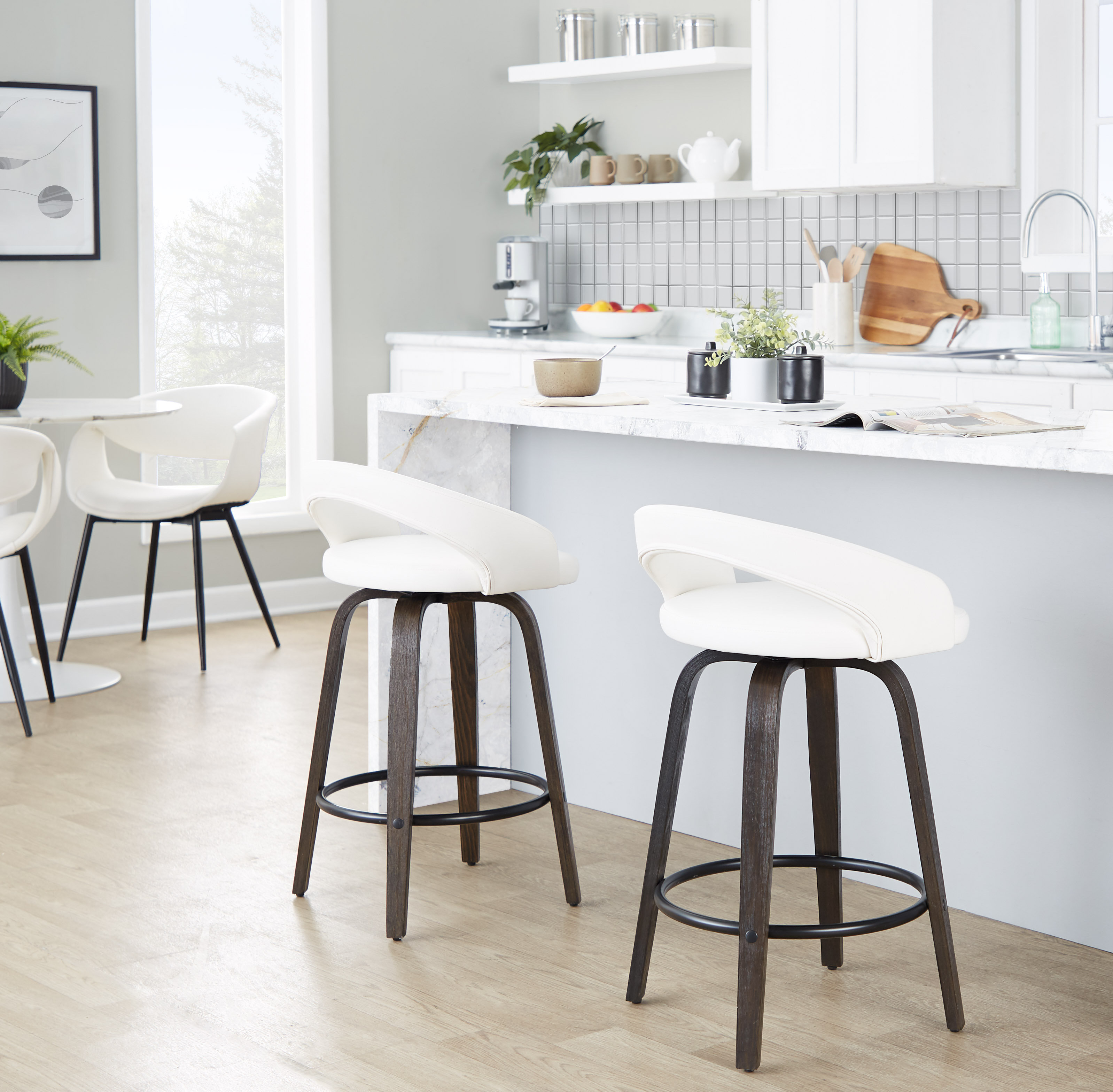 George Oliver Capuano Upholstered Fixed-Height Bar Stool With Bent Wood ...