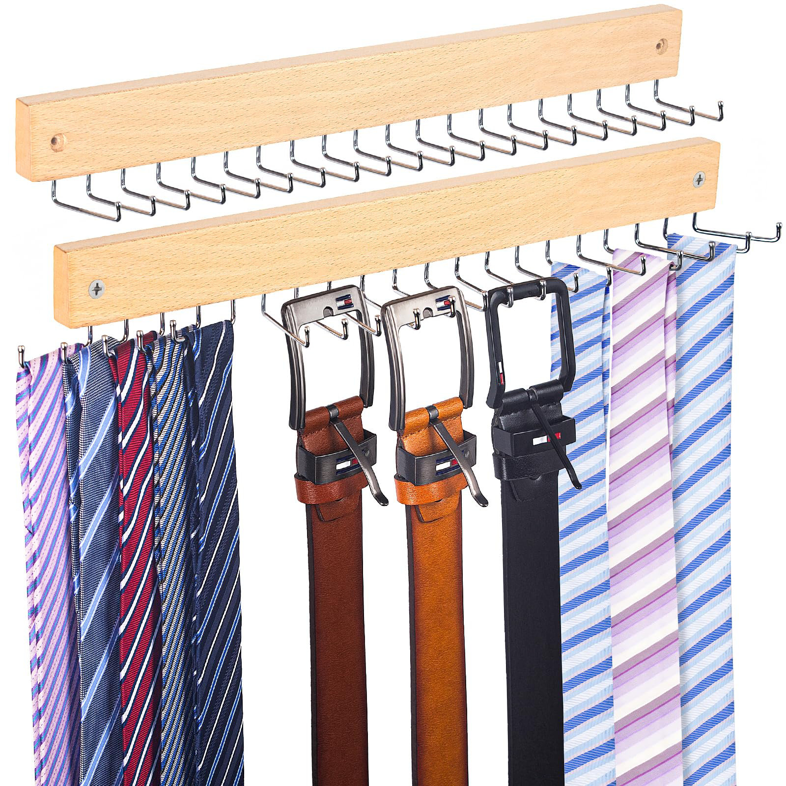 Rebrilliant Tie Rack Wall Mounted, Natrual Wood Tie Organizer Holds 20 ...