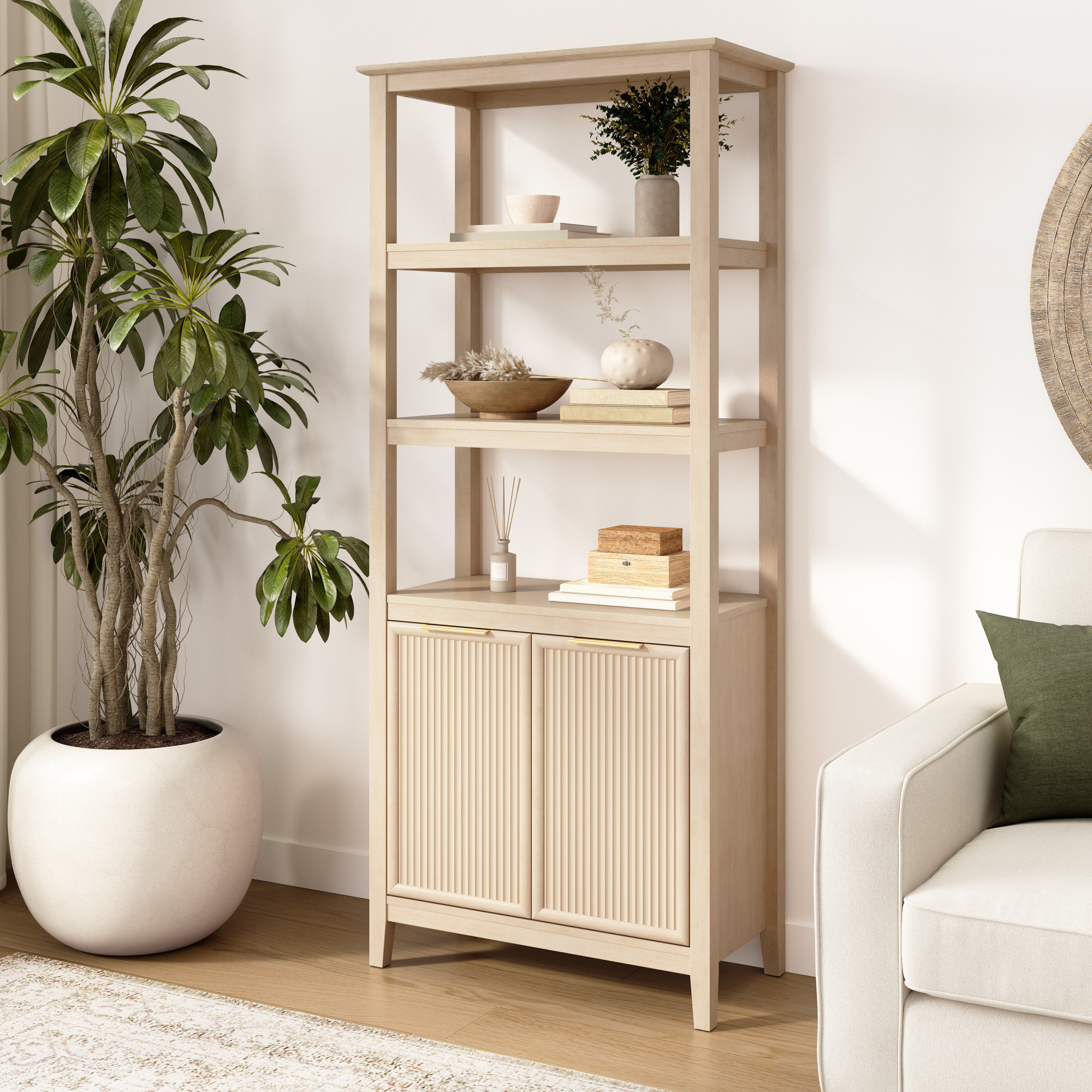 Ebern Designs Fluted 5 Shelf Bookcase With Doors For Living Room Or ...