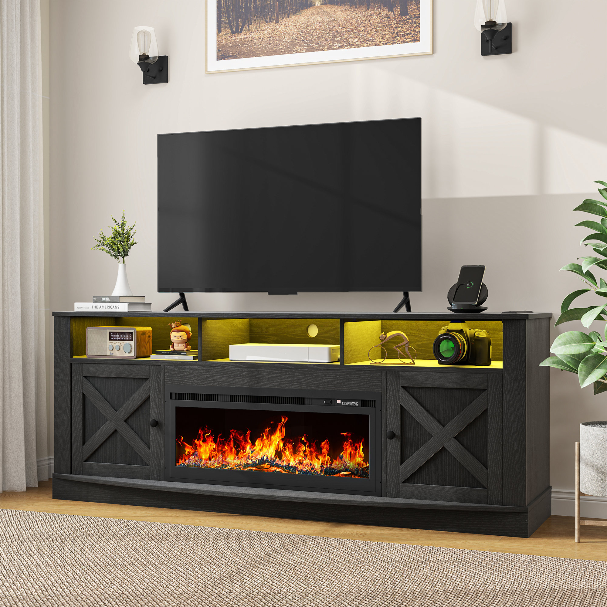 Balconera Farmhouse TV Stand With Fireplace For 75 Inch Tvs, 36 ...