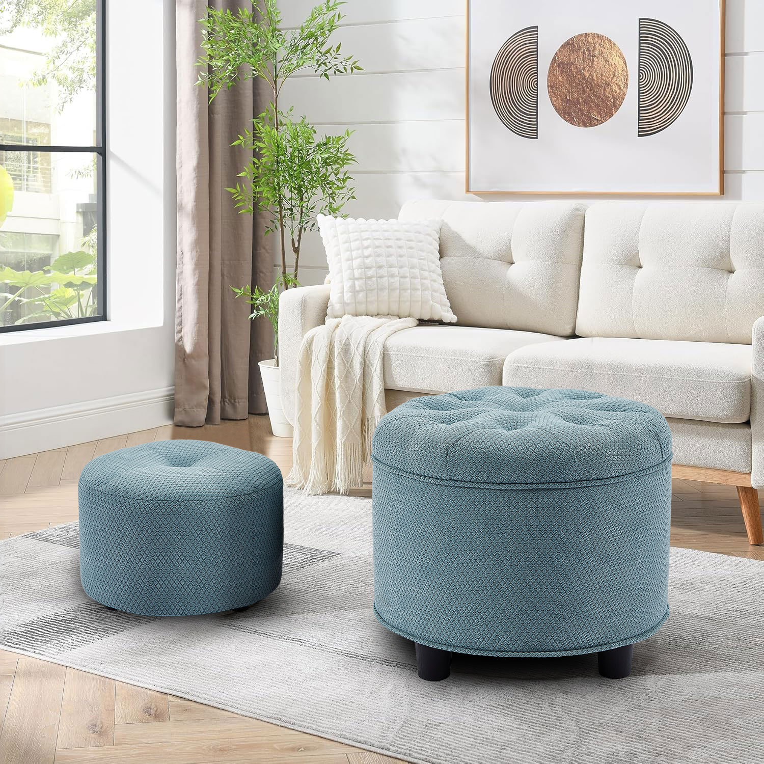 Ebern Designs Upholstered Fabric Button Tufted Round Foot Rest Ottoman ...