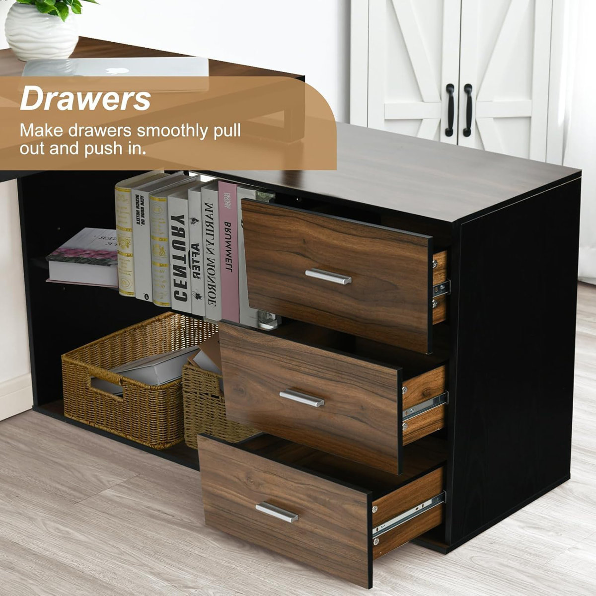 Latitude Run® 55 Inch Reversible L Shaped Computer Desk with 3 Drawers ...