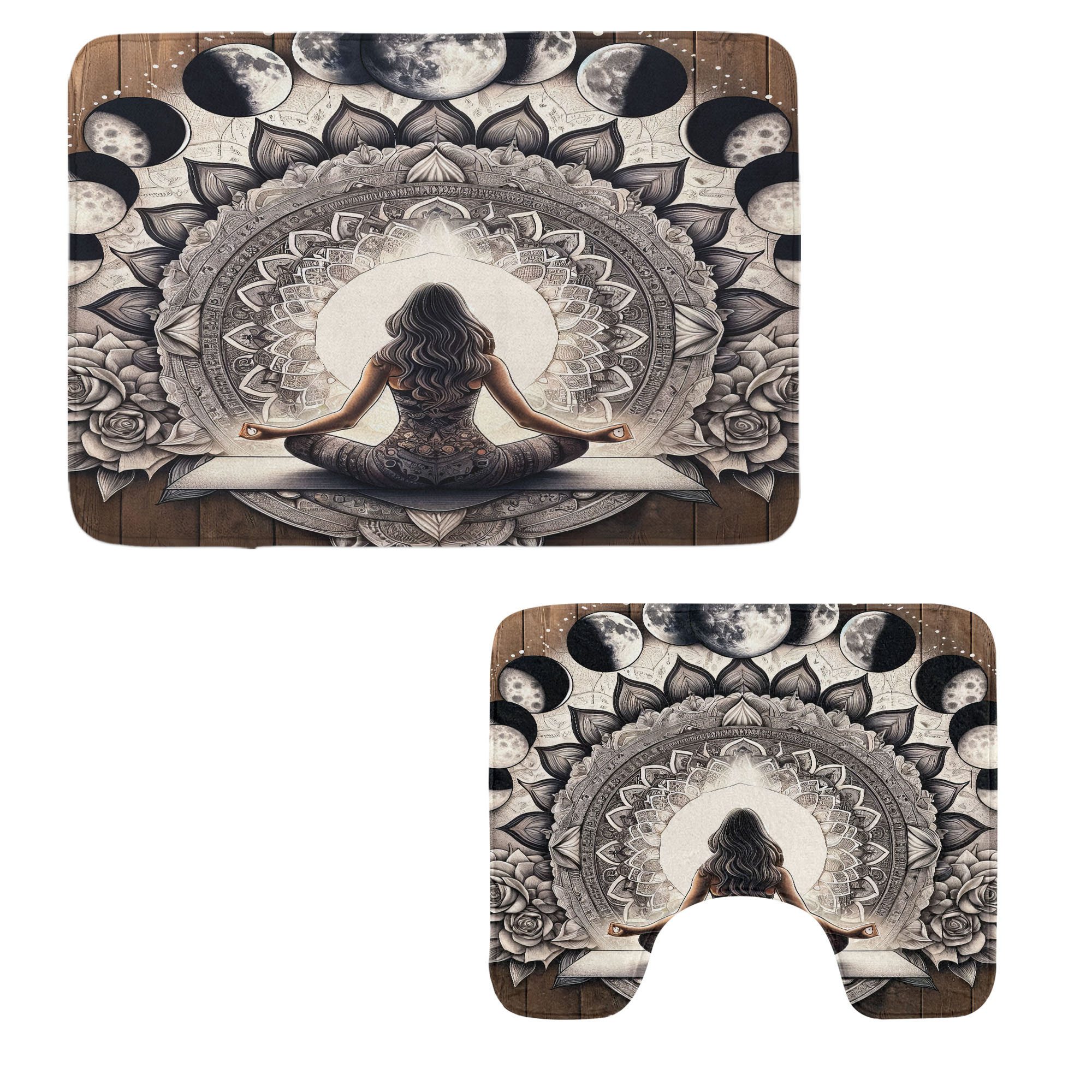 East Urban Home Mandala Bathroom Rug Set 2 Pieces Rectangle & Contour Mats Cocoa Charcoal Grey ...