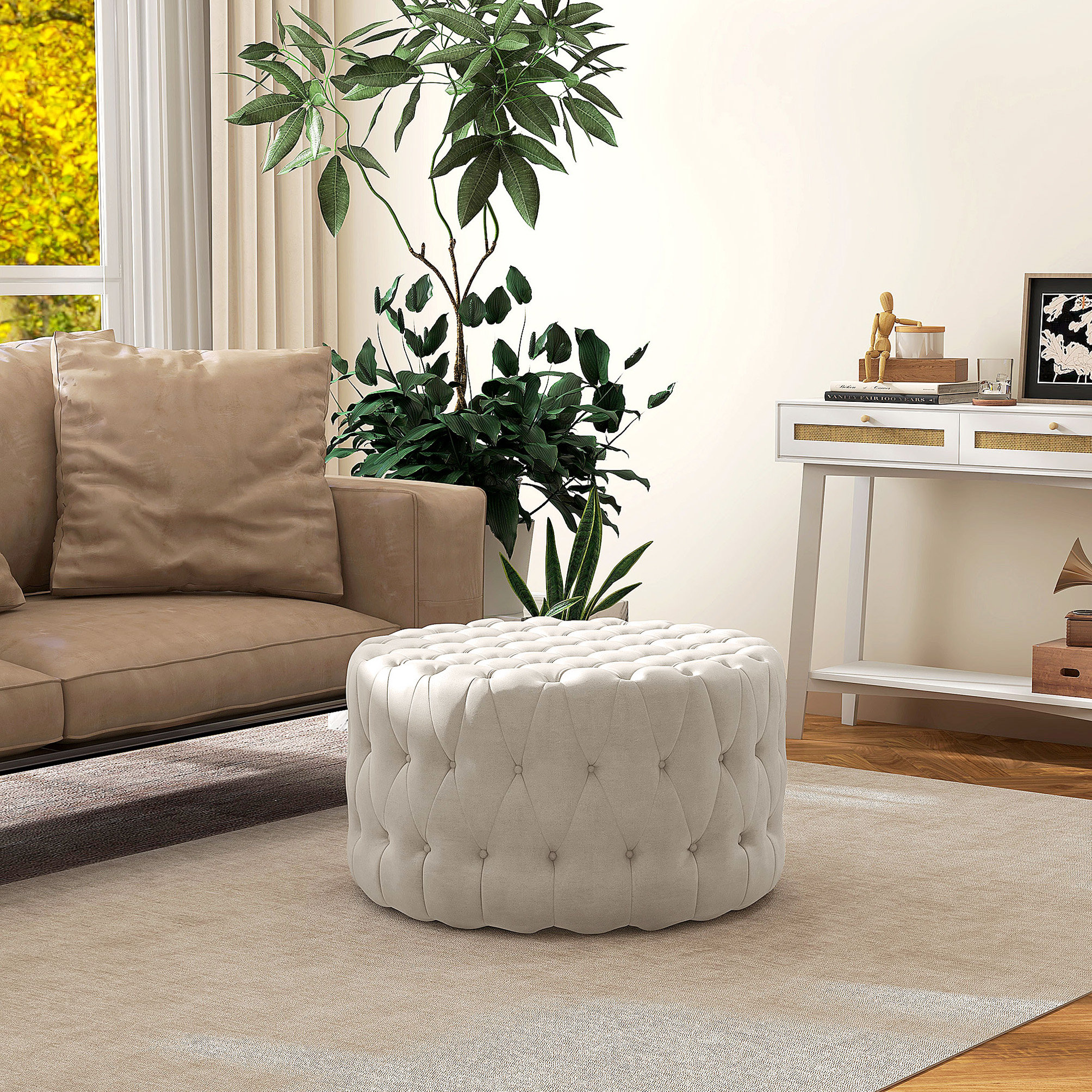 Everly Quinn 31.5" Round Ottoman, Large Velvet-Feel Upholstered Foot ...