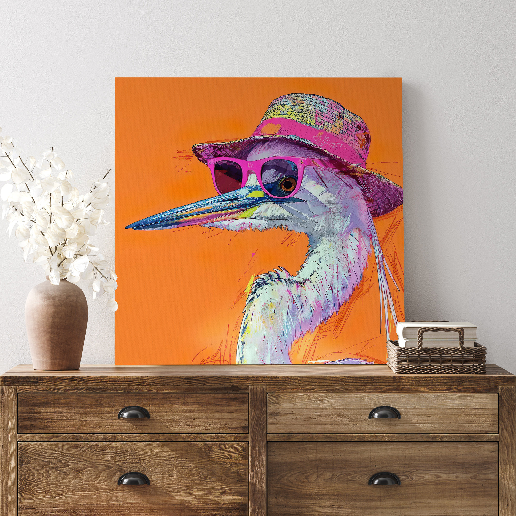 IDEA4WALL Bright Preppy Animals Bright Orange Heron Bird With Hat ...