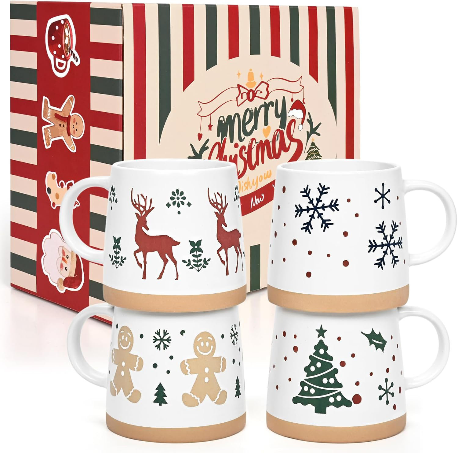ENDOSTO Christmas Coffee Mugs Set of 4, Holiday Mugs with Festive ...