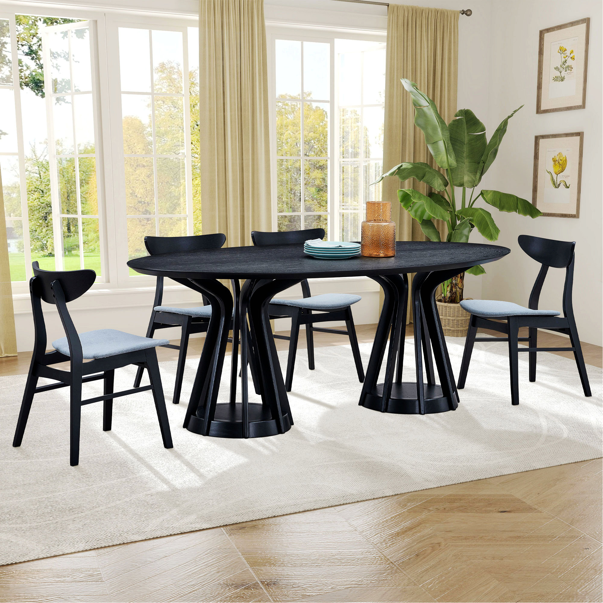 George Oliver Dining Table Set, Wooden Oval Table And Upholstered ...