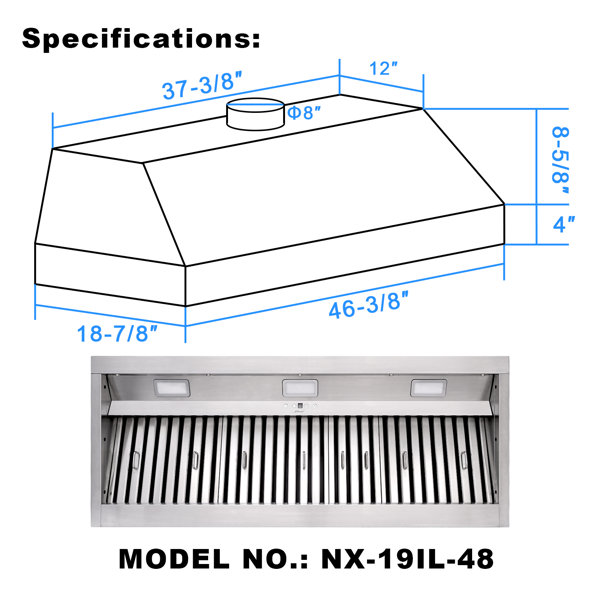 Akicon 48" Range Hood Insert 1200 CFM, Stainless Steel Built-in Kitchen ...