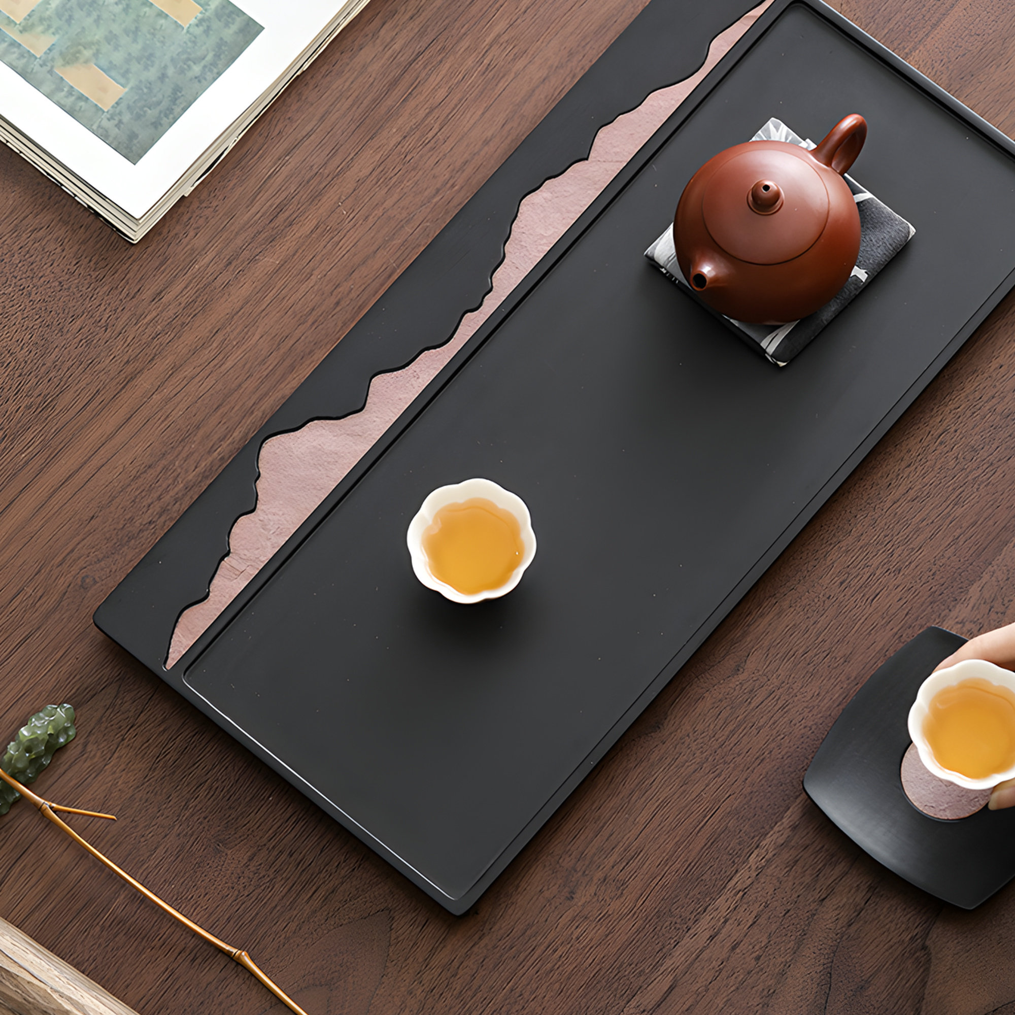 Latitude Run® Black Far Mountain Tea Tray | Chinese Style Pot With Dry ...