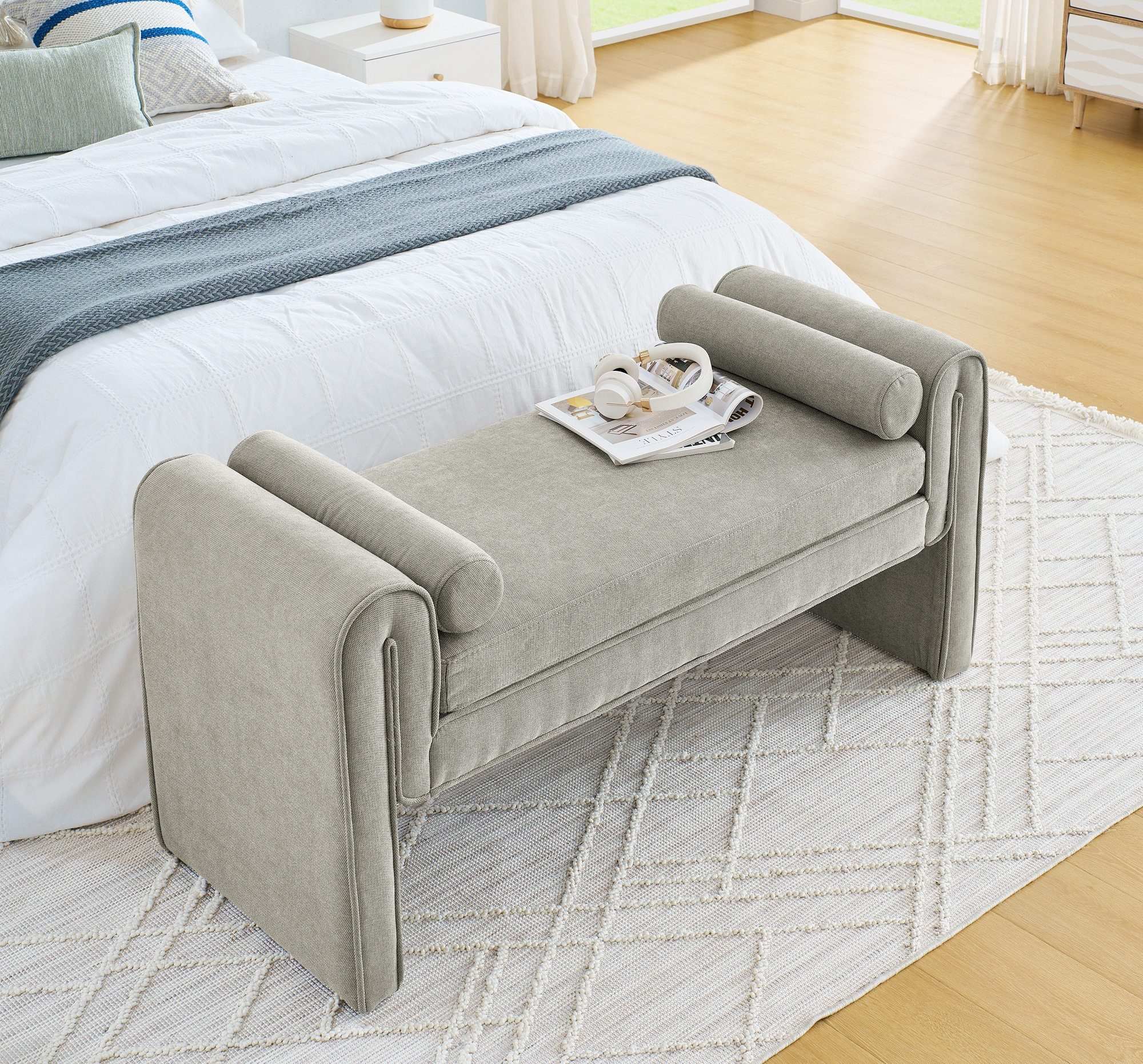 Latitude Run® Bedroom storage stool, linen fabric storage stool, large ...