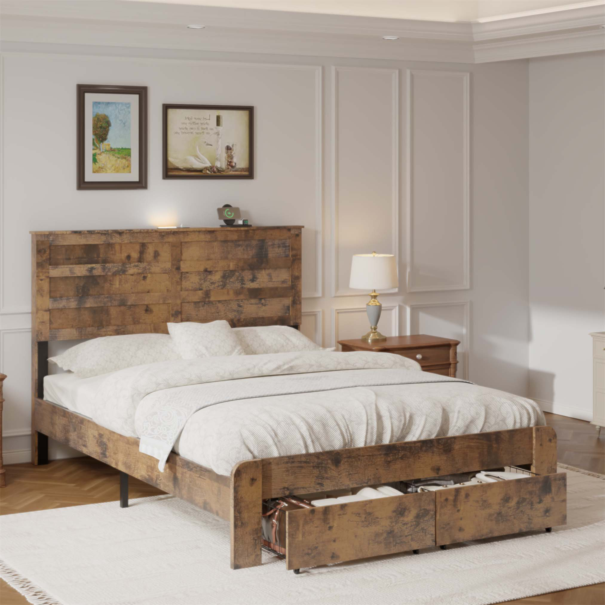 Lark Manor™ Wooden Platform Bed Frame With 2 Storage Drawers, USB ...