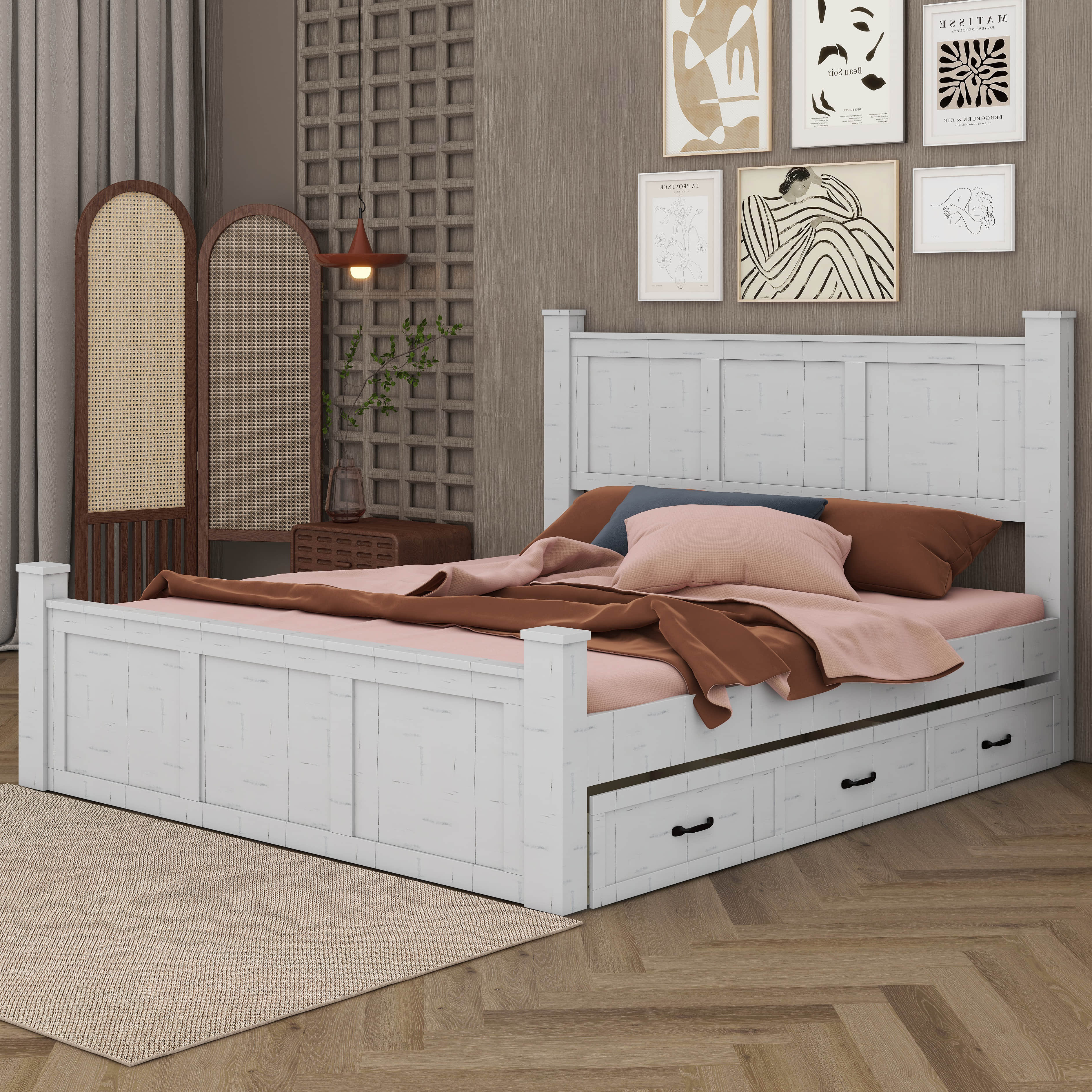 Lark Manor Farmhouse Style King Wood Panel Bed Frame Four Square Poster Bed With Three Storage ...