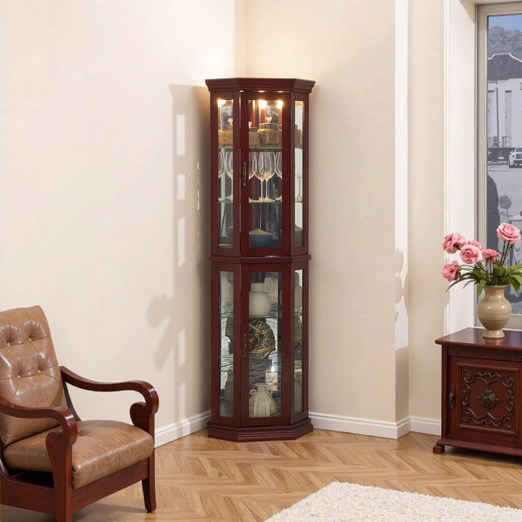 Dakota Fields Lighted Corner Curio Cabinet with Adjustable Tempered ...
