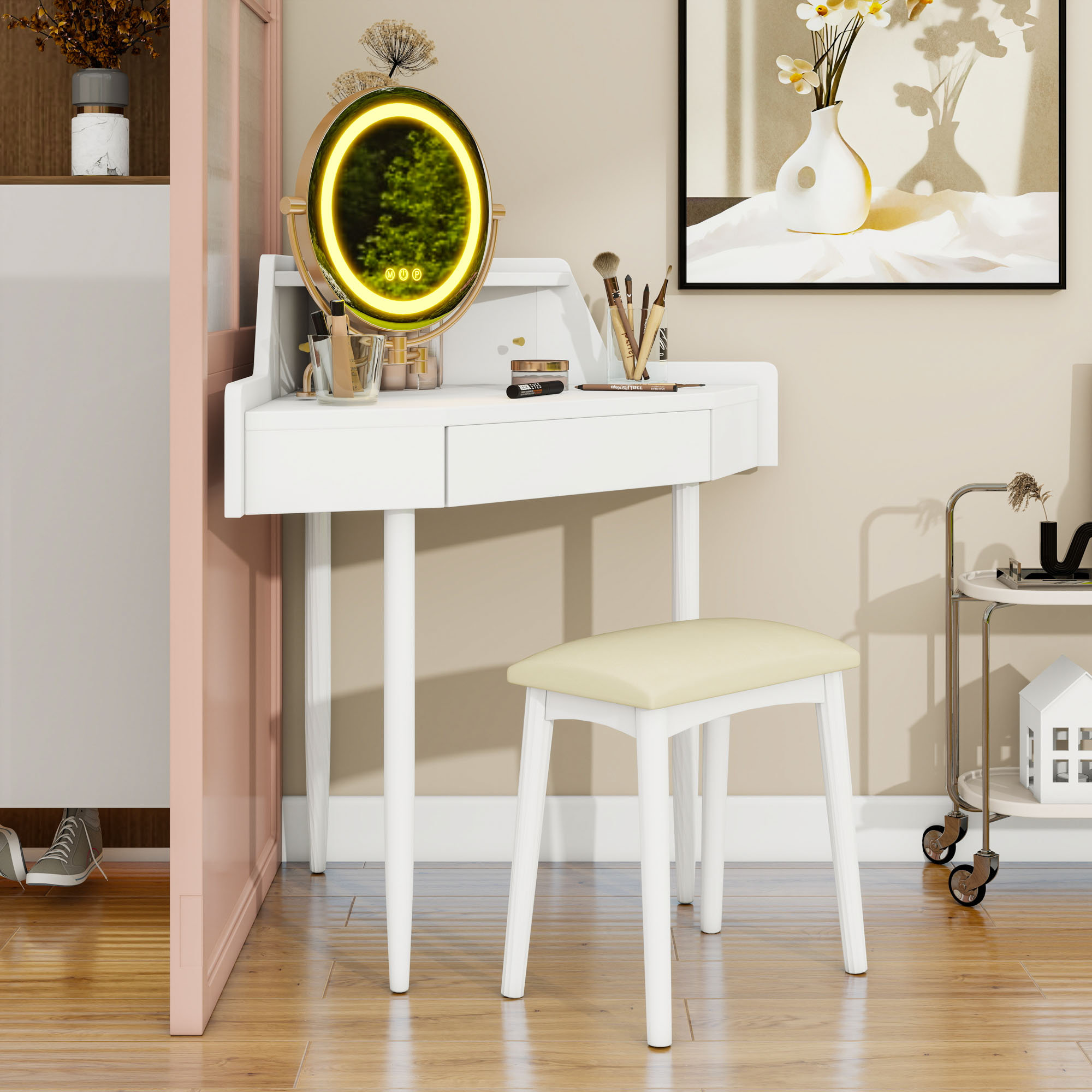 George Oliver Corner Vanity Desk with Rotating LED Mirror, Multi-Layer ...