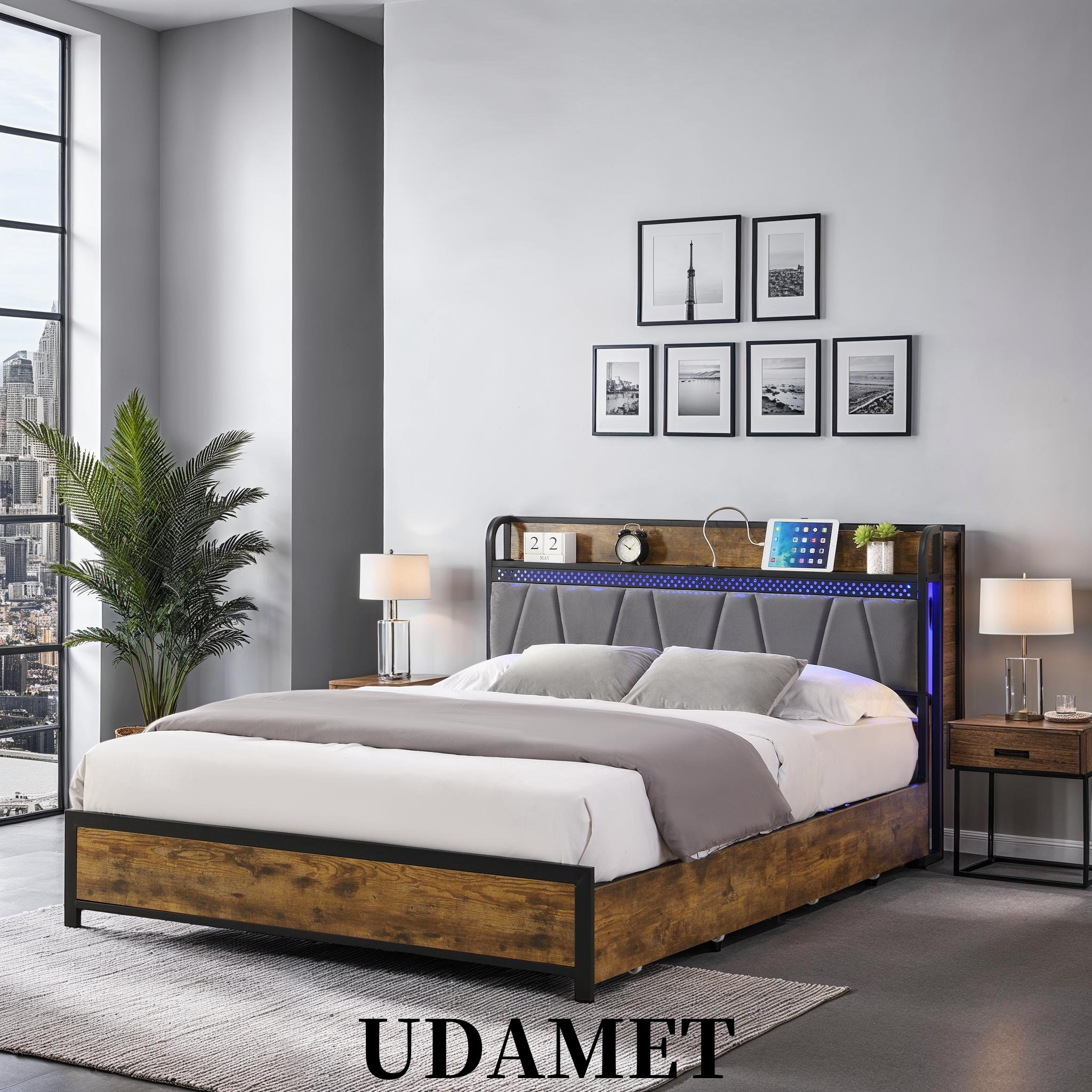 UDAMET Bed Frame with Built-in Outlets&USB, RGB LED Headboard, 4 ...