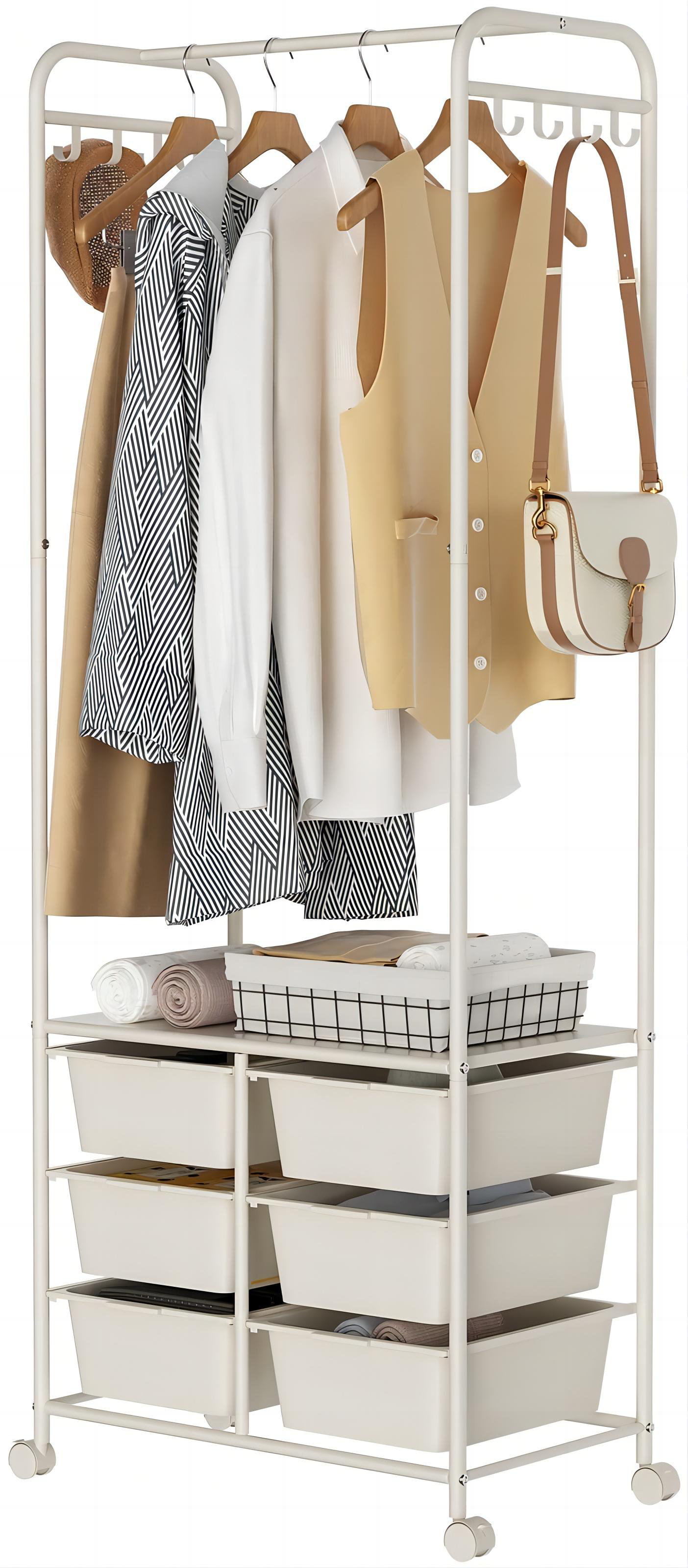 Rebrilliant White Clothes Rack With 6 Drawers And 8 Side Hooks, Rolling ...