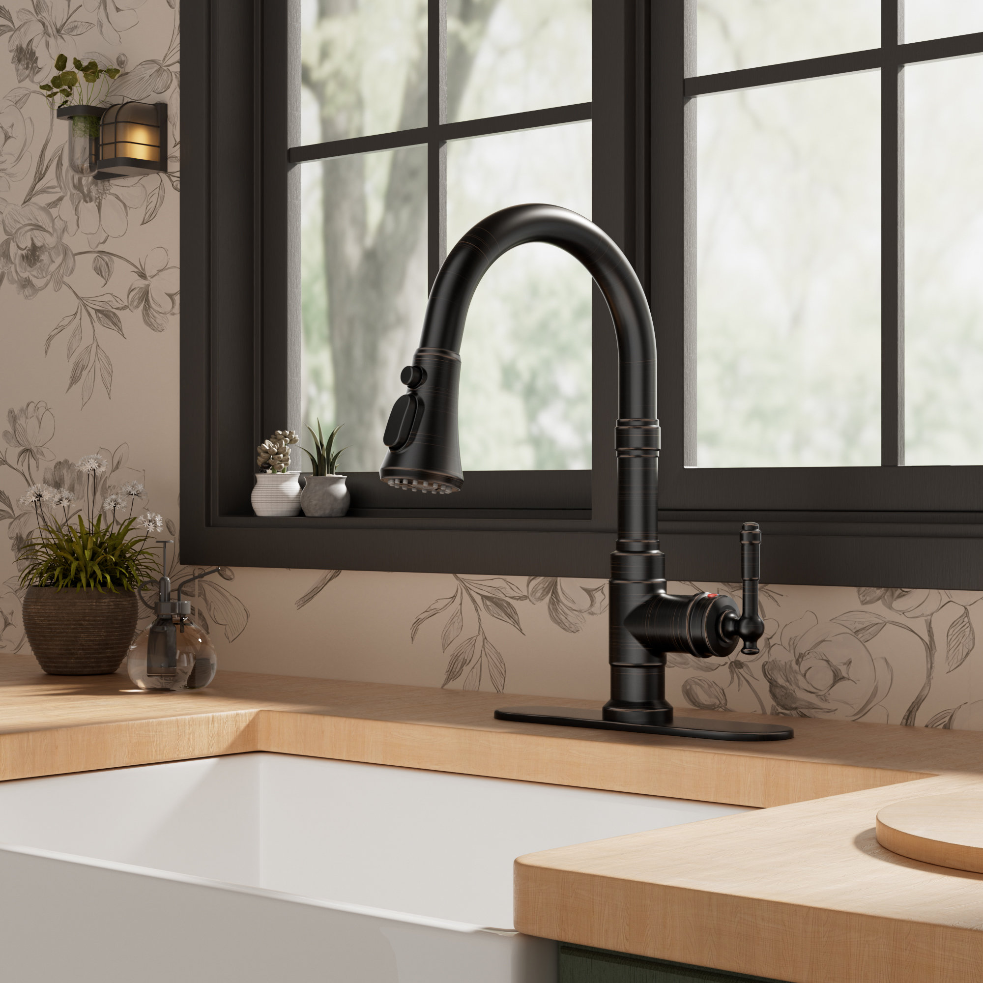 FURUISI Pull Down Single Handle Kitchen Faucet With Deck Plate ...