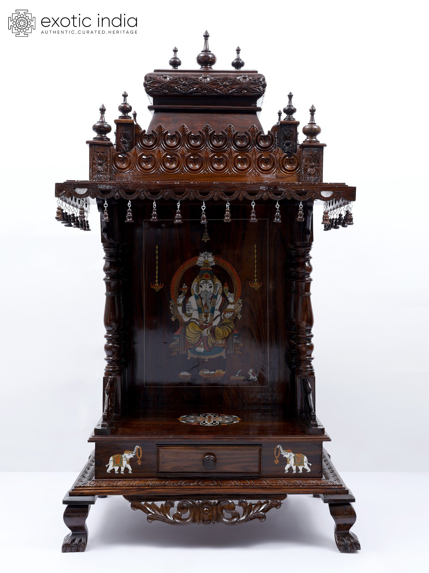 Exotic India 53" Large Designer Wooden Temple with Lord Ganesha Inlay ...