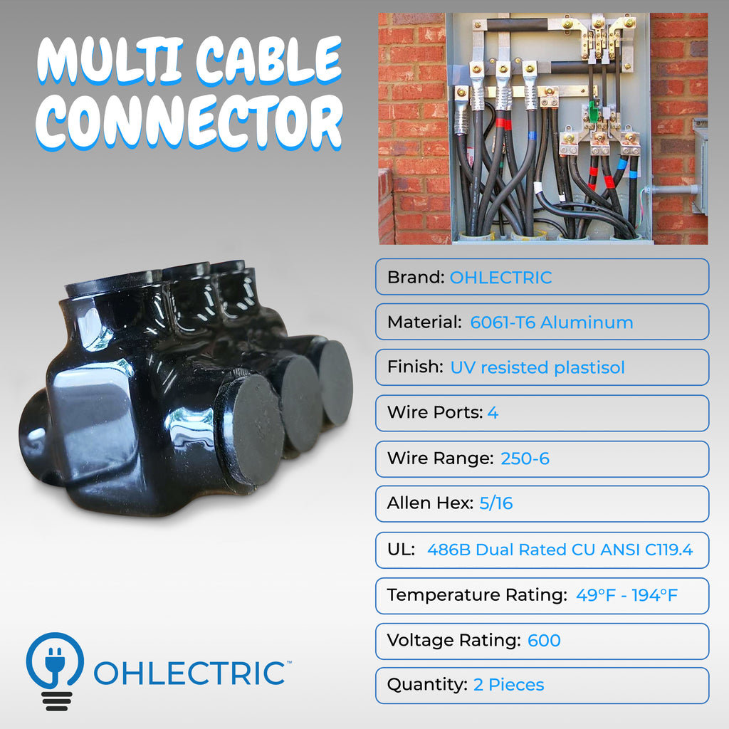 OHLECTRIC Black Insulated Multi-Cable Connector, 250-6 Wire Range, Dual ...