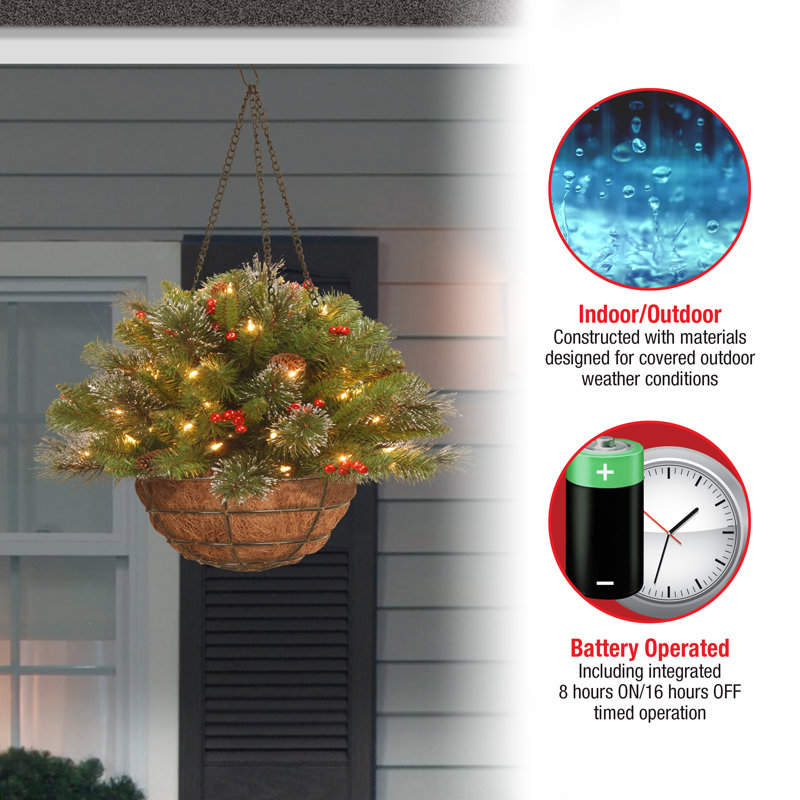 The Holiday Aisle® Crestwood Spruce Hanging Basket with Battery ...