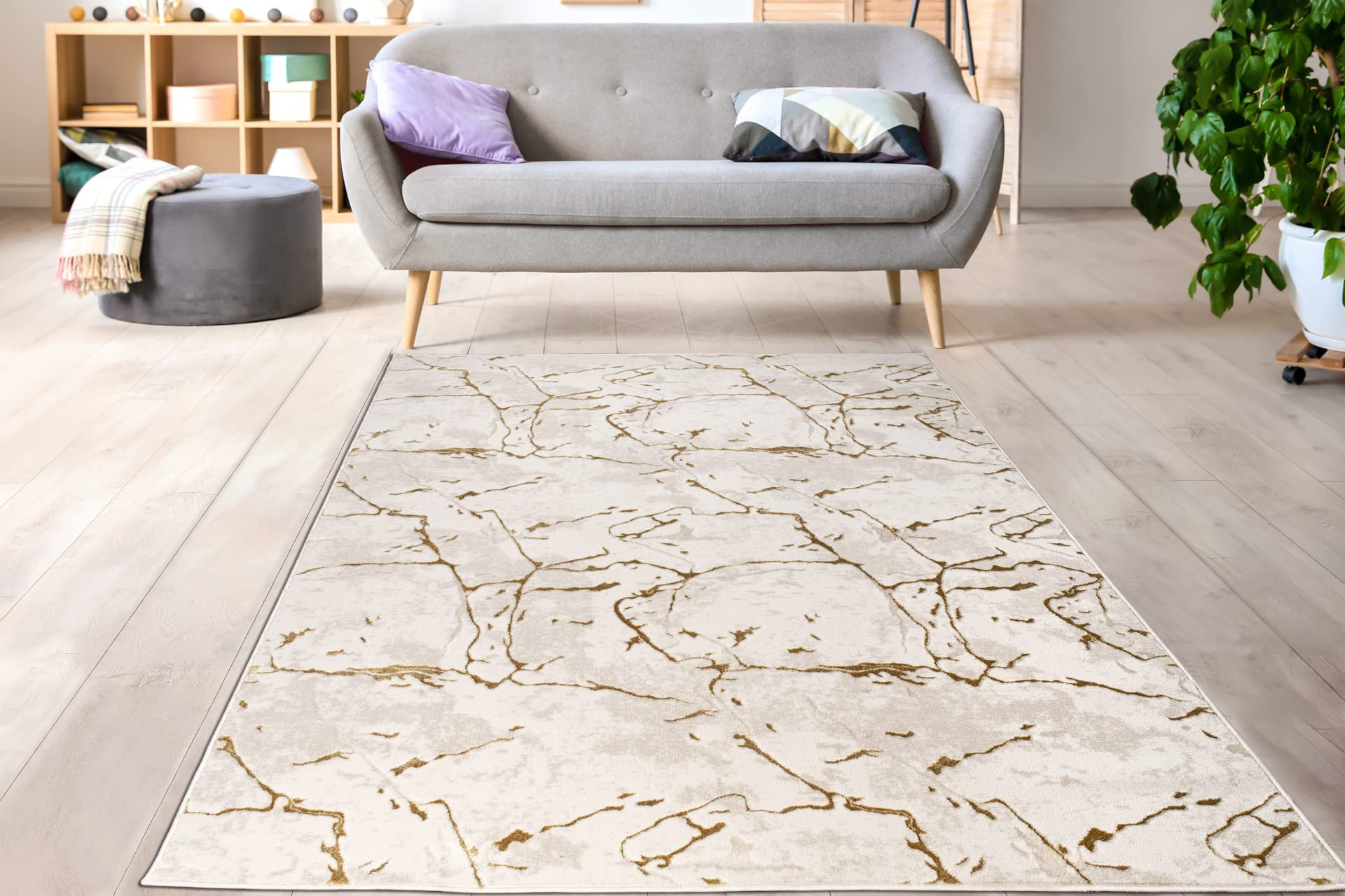 Mercer41 Abstract Modern Contemporary Area Rug, Gold and Beige ...