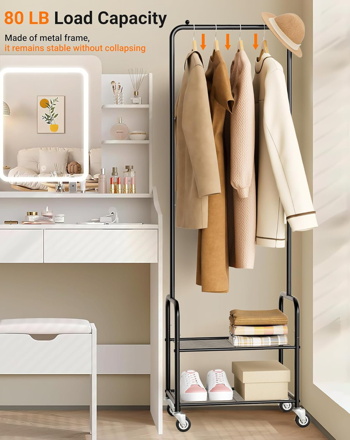 Rebrilliant Small Clothes Rack With Shelves, Metal Sturdy Rolling Clothing Racks For Hanging ...