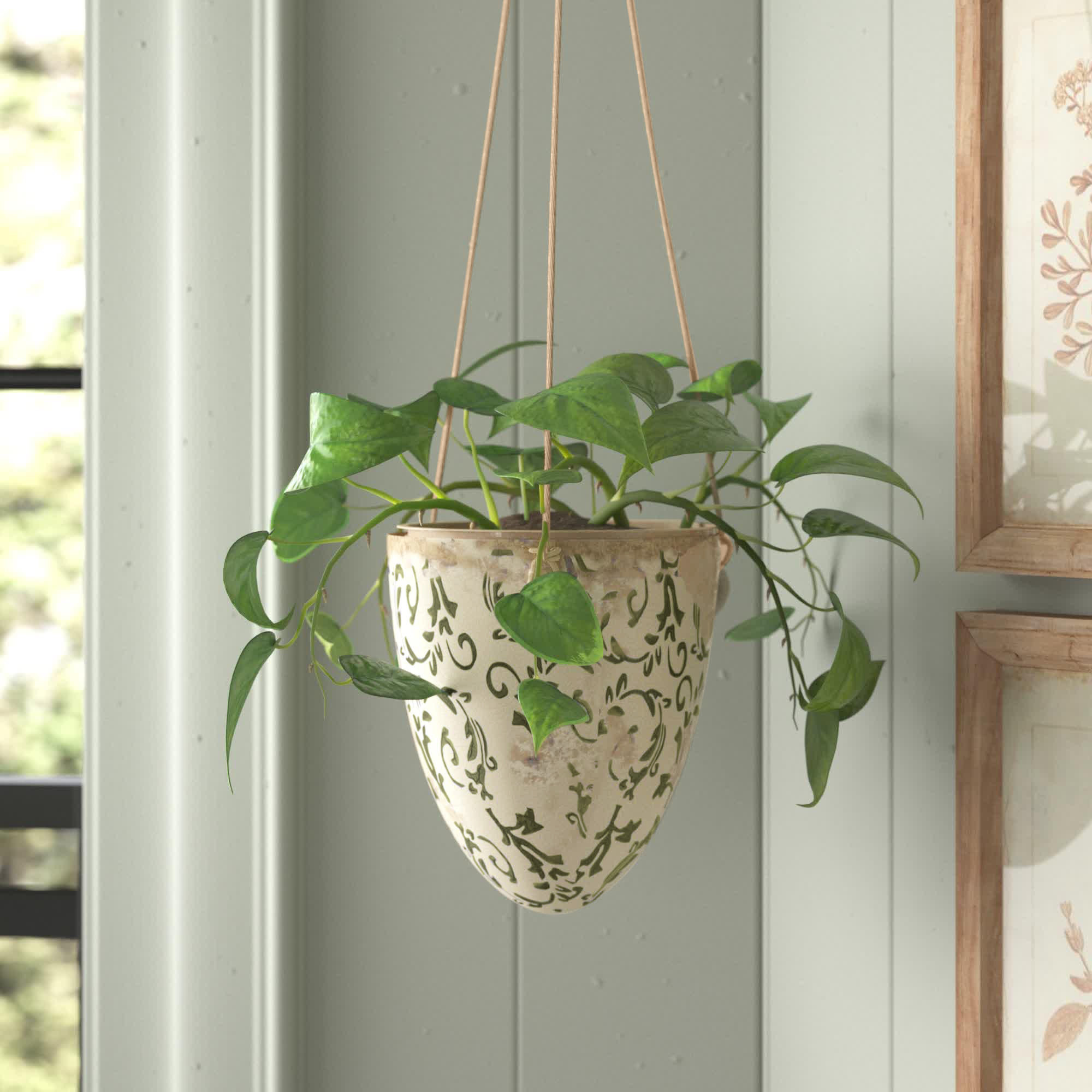 Rosalind Wheeler Airyonna 2’ Tuscan Hanging Ceramic Scroll Planter ...