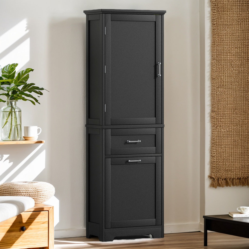 Rebrilliant Black 68'' H Bathroom Storage Cabinet Tall Freestanding ...