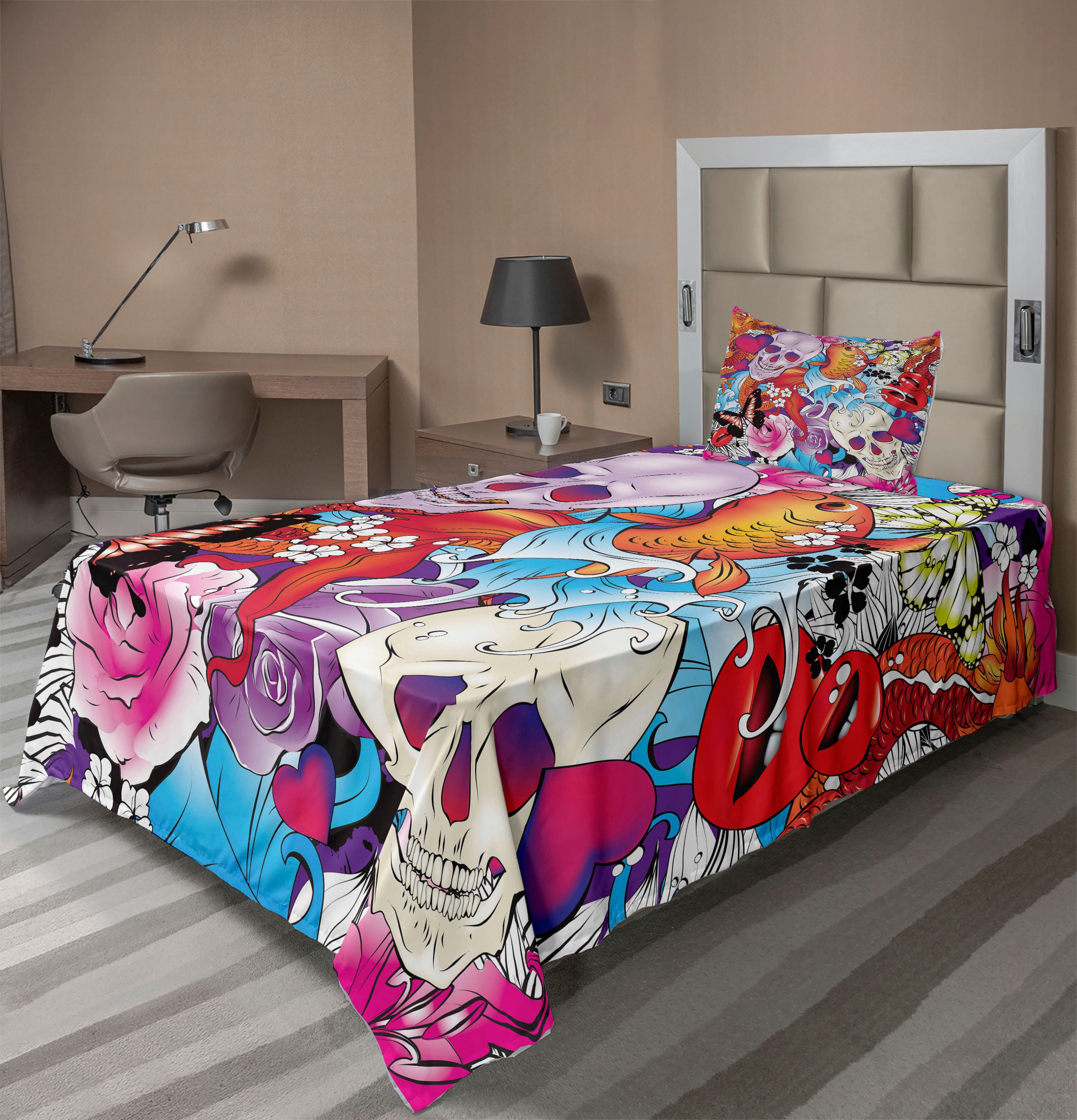 Ambesonne Colorful Sheet Set Skull Koi Fish Rose Flower Multicolor ...