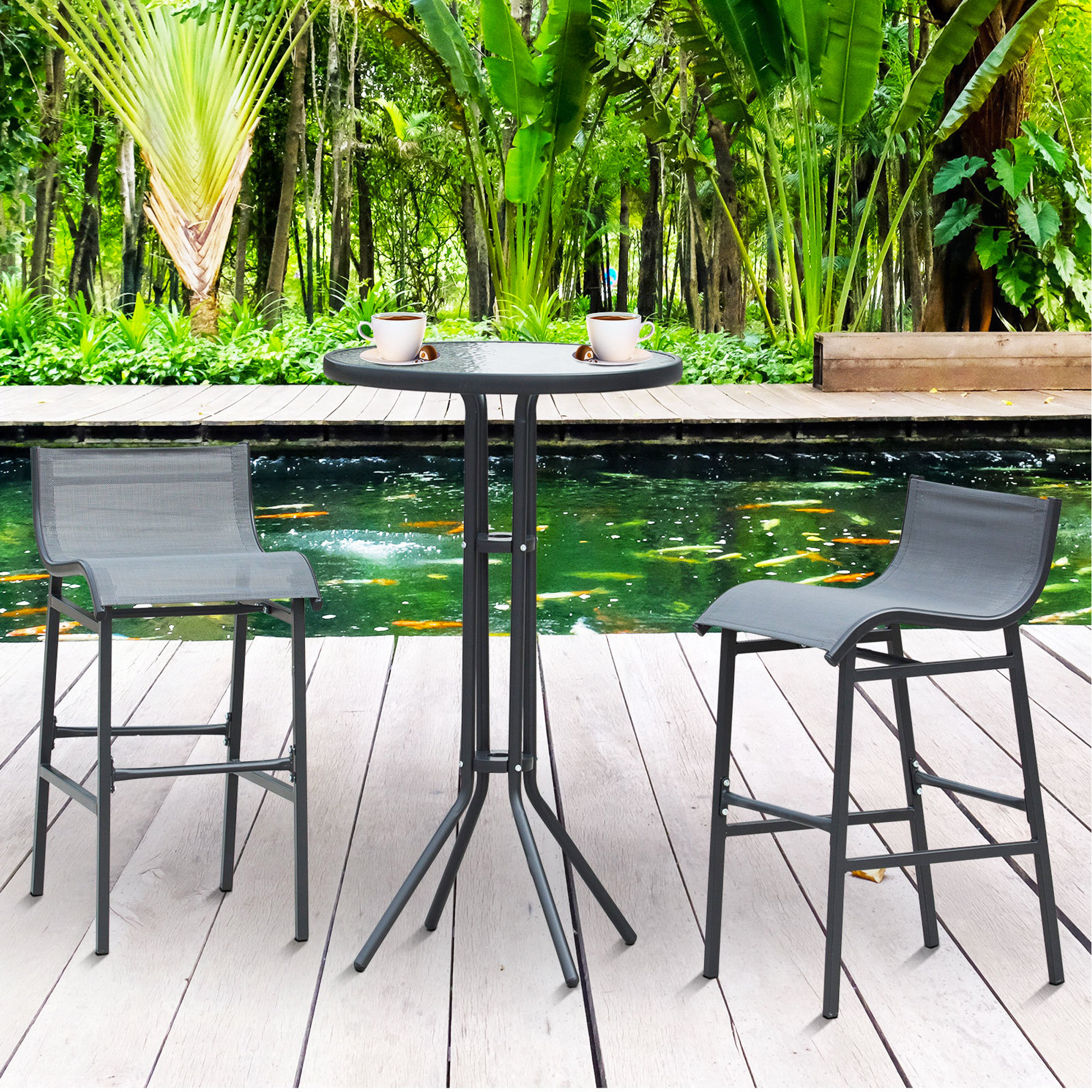 Latitude Run® 3 Piece Bar Height Outdoor Bistro Set For 2, Round Patio ...