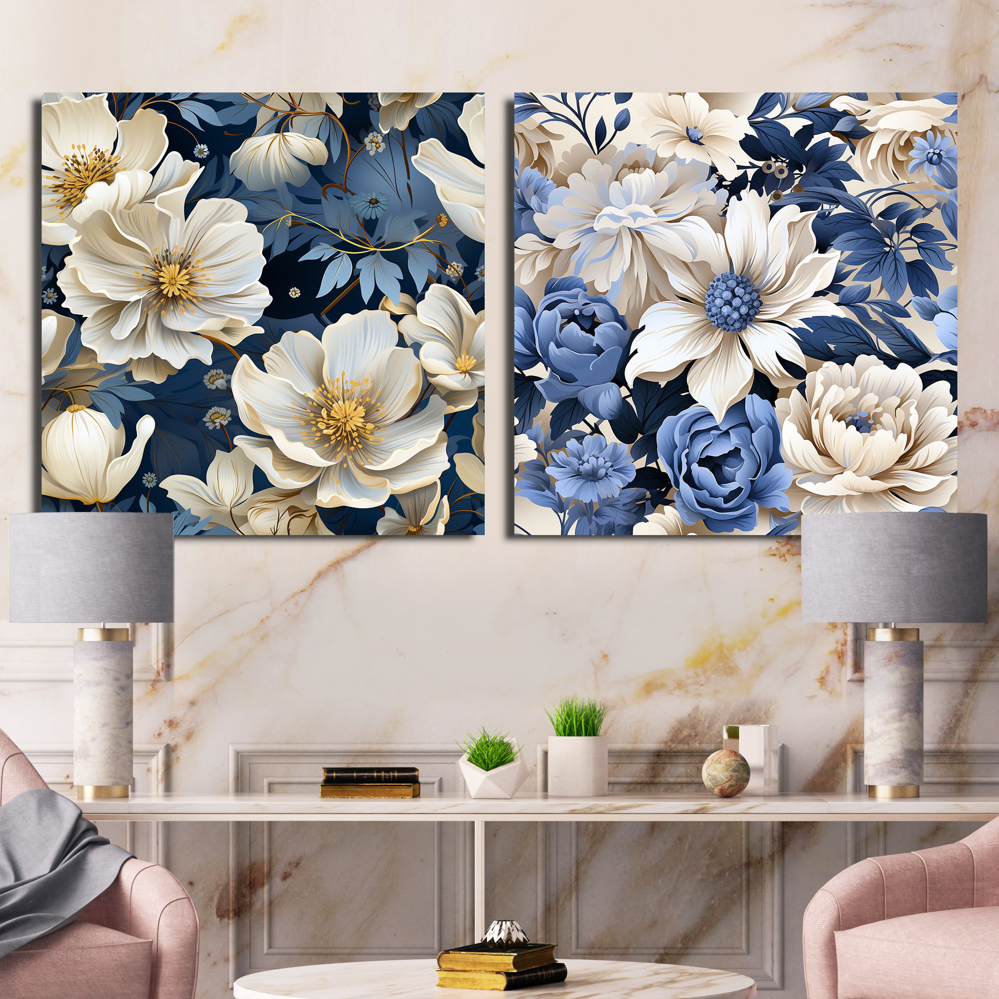 Design Art Beige And Blue Farmhouse Floral Pattern - Floral Square ...