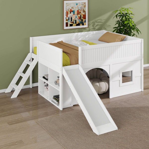 Full Size Loft Bed With Slide & Storage Shelves, Wooden Low Loft Bed ...