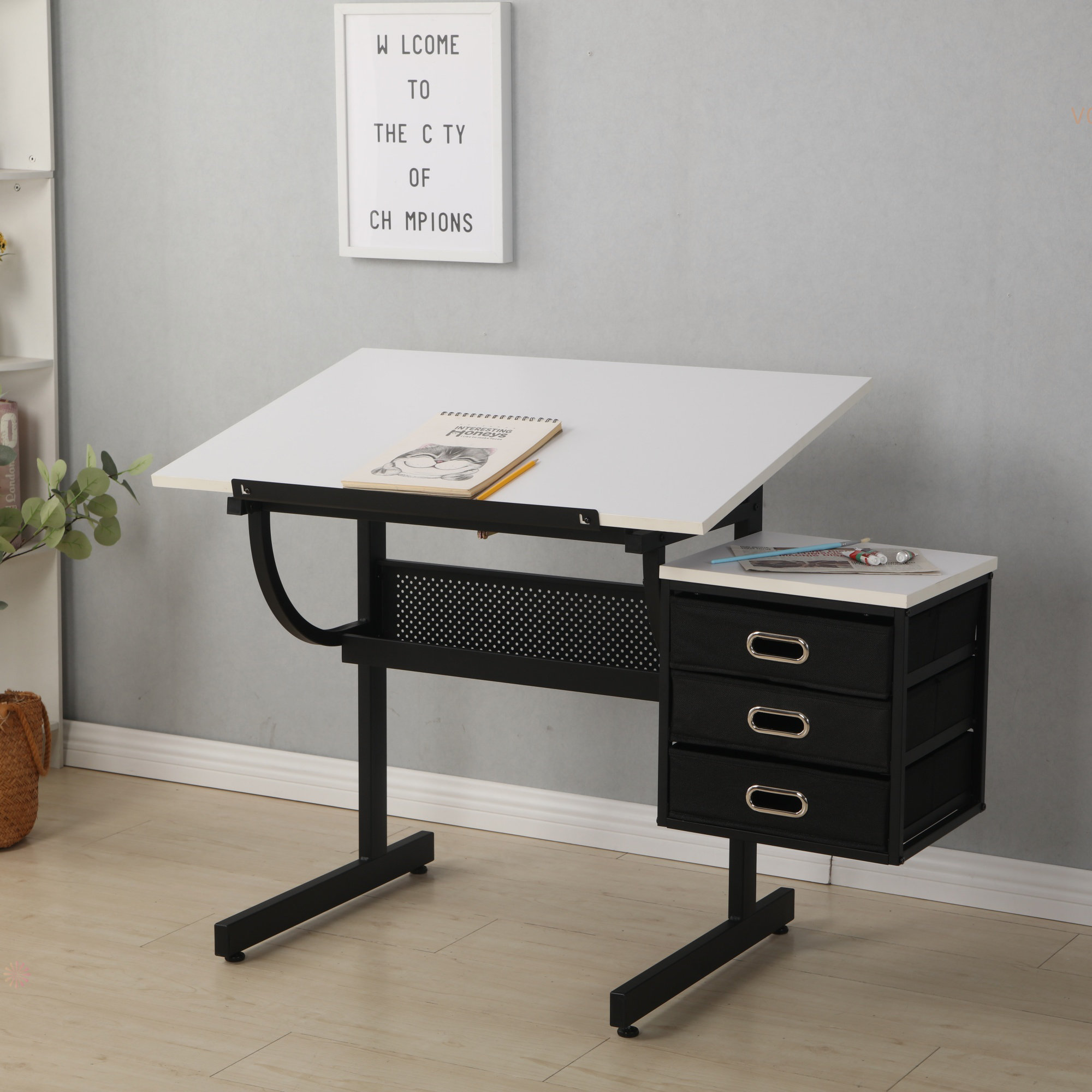 Inbox Zero Adjustable Drafting Drawing Table With Stool And 3 Drawers ...