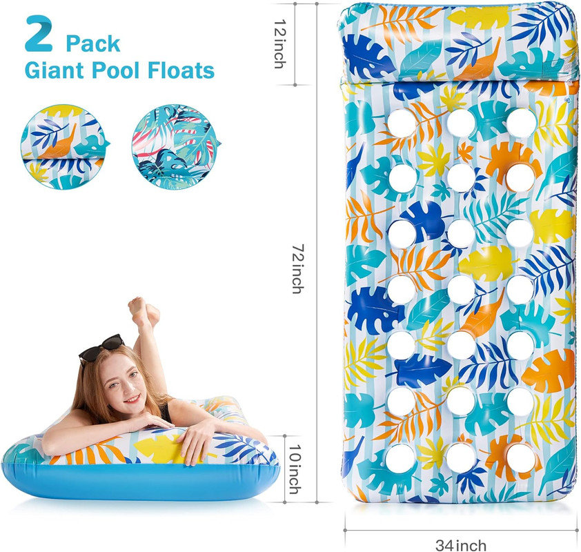 Fairub 2 Pack Inflatable Pool Float Mat, Pool Floats with Headrest ...