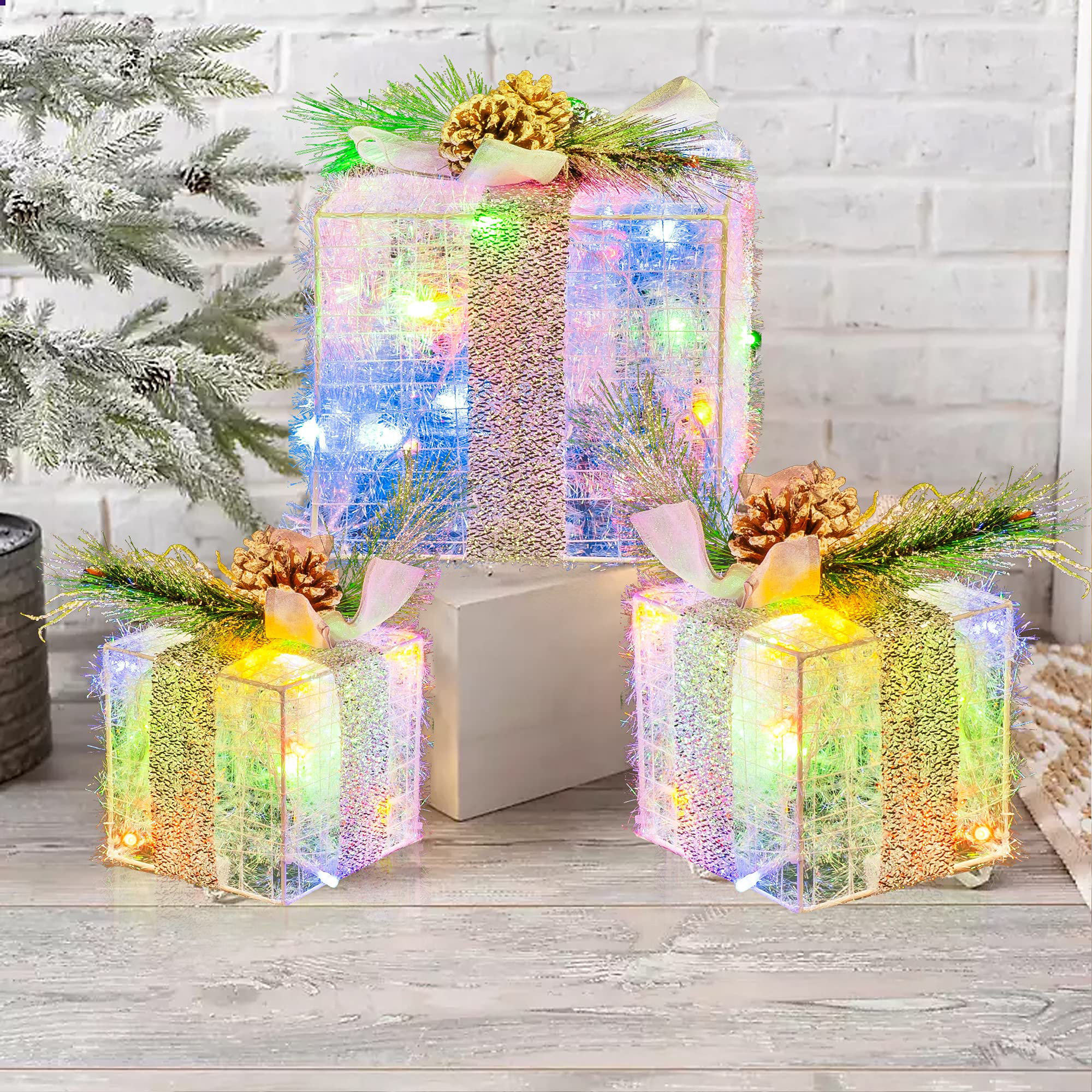 Mercer41 Set Of 3 Christmas Lighted Gift Boxes, Pre-Lit 60 LED Light Up ...