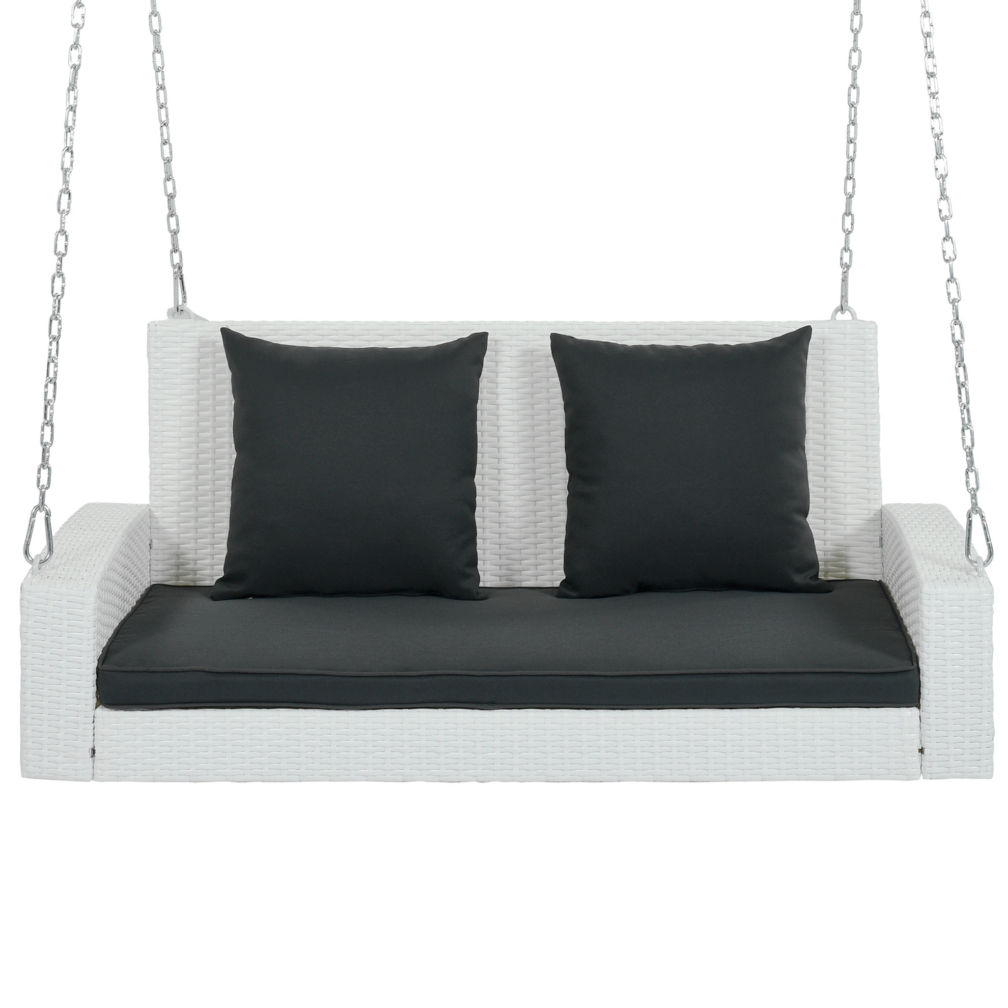 Ebern Designs 2-Person Wicker Hanging Porch Swing With Chains, Cushion, Pillow, Rattan Swing ...