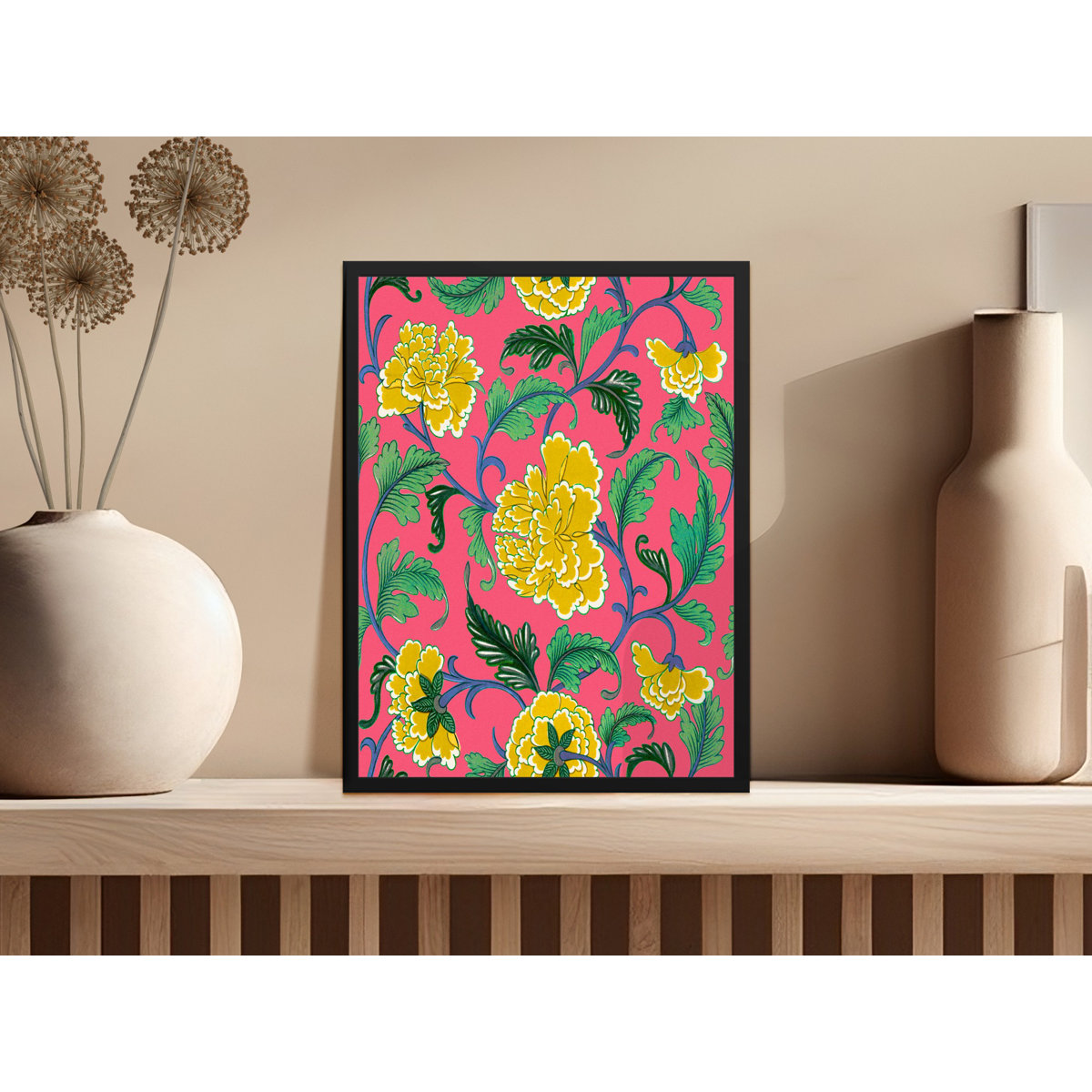 Lark Manor Bright Floral Wallpaper Inspired Print in Pink Yellow Framed ...