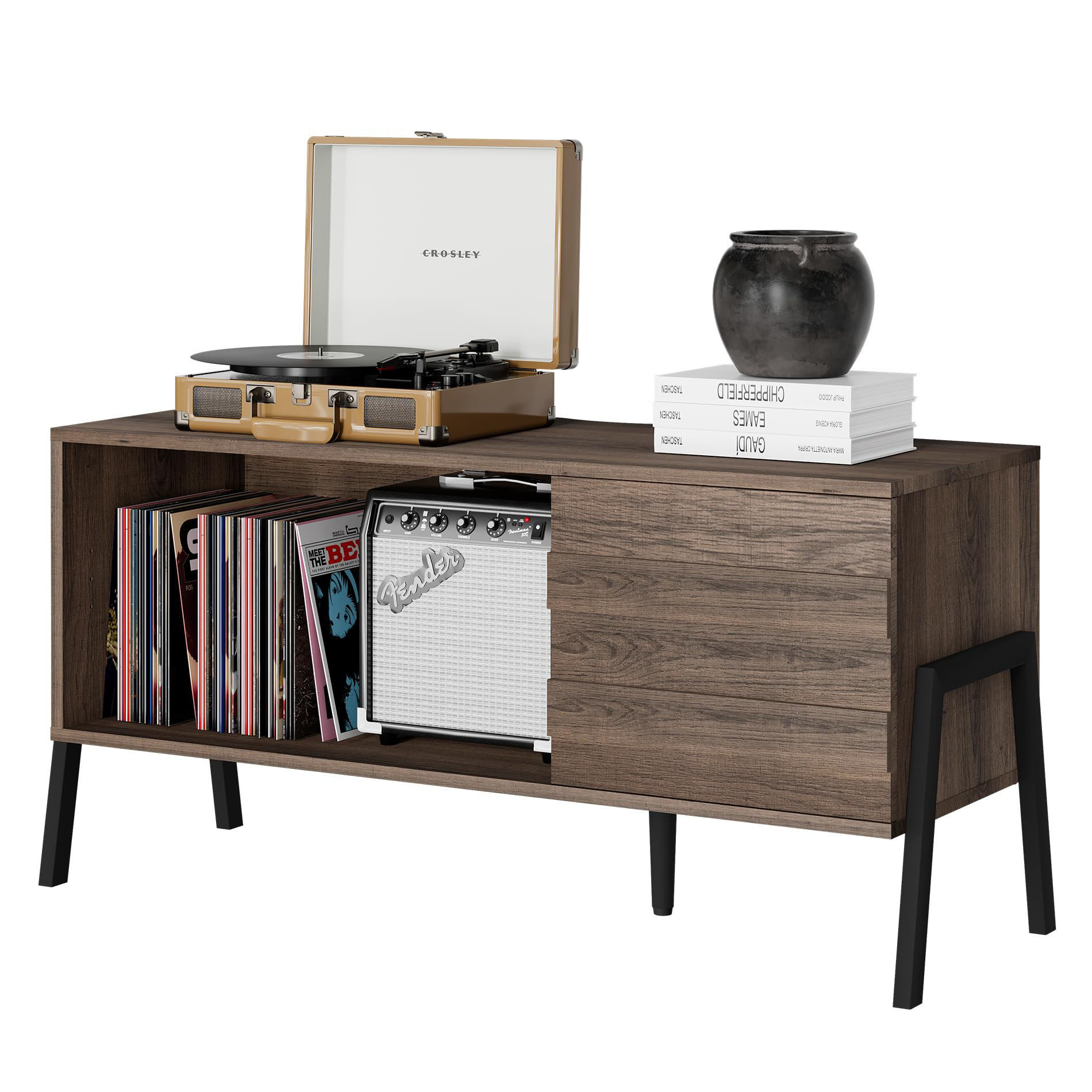 George Oliver Large Mid-Century Record Player Stand with Vinyl Storage ...