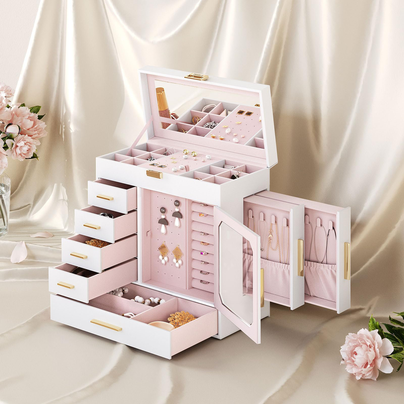 Latitude Run® Jewellery Box With Mirror, Large Storage Space, Glass ...