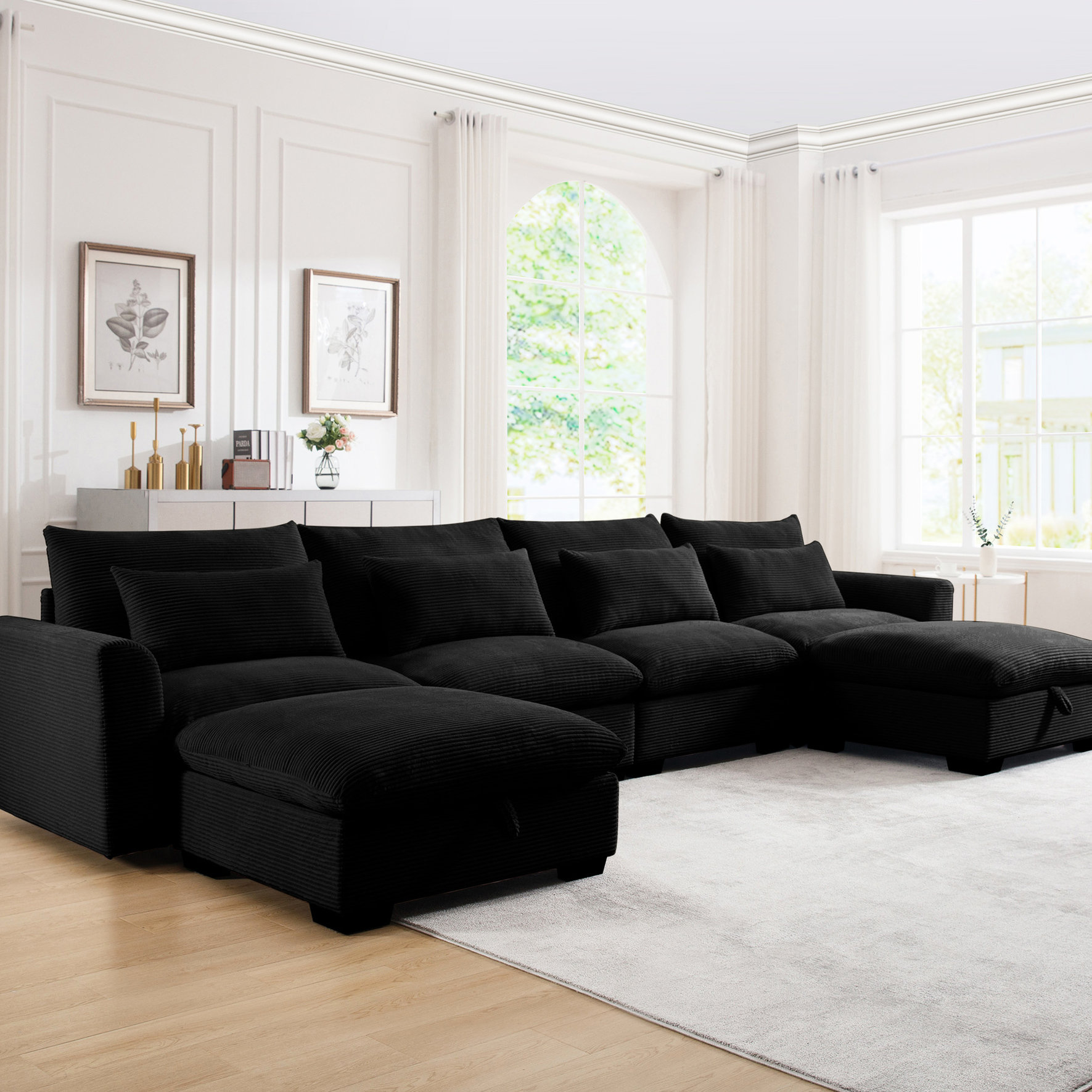 Everly Quinn U-shaped Living Room Sectional, 4 Seater Corduroy With 2 ...