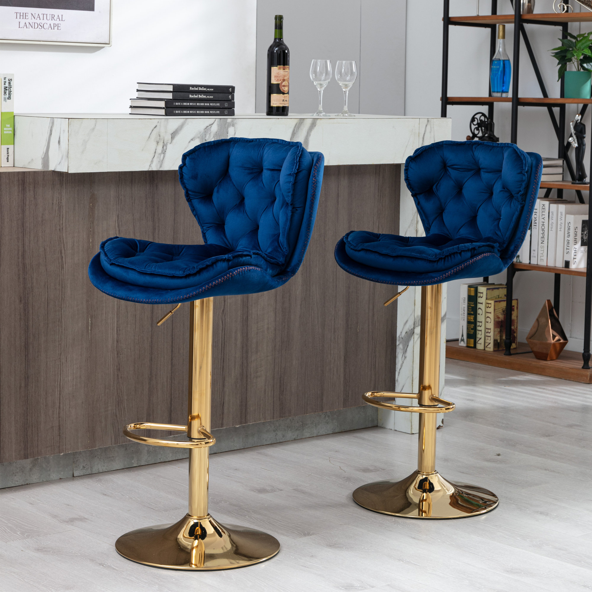 Rosdorf Park Height Adjustable Swivel Velvet Bar Stools With Golden ...