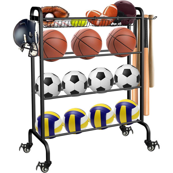 Rebrilliant Ball Rack Organizer With Wheels, 4Tier-Rolling Basketball ...