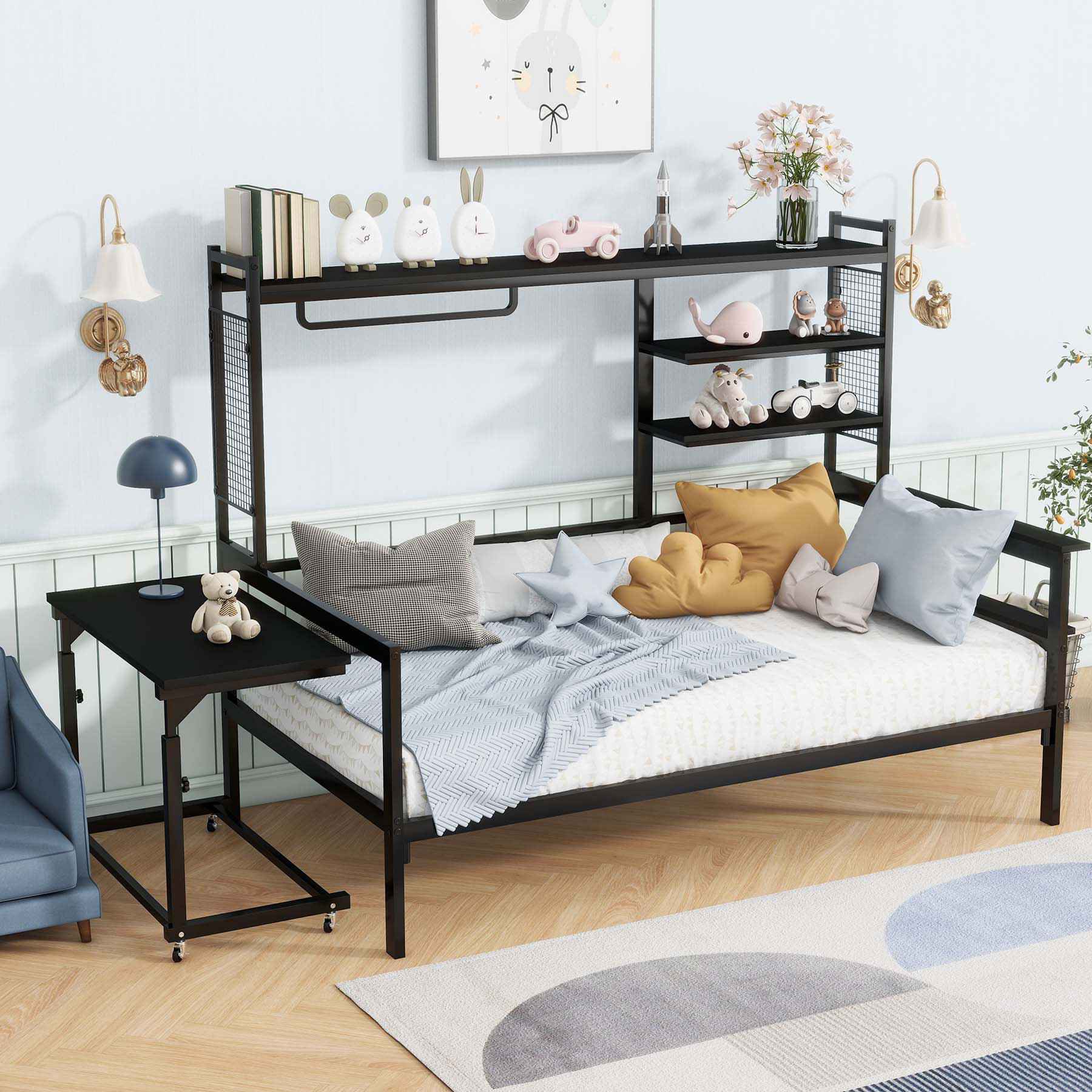 17 Stories Full size Metal Daybed with Movable Desk, Metal Grid ...