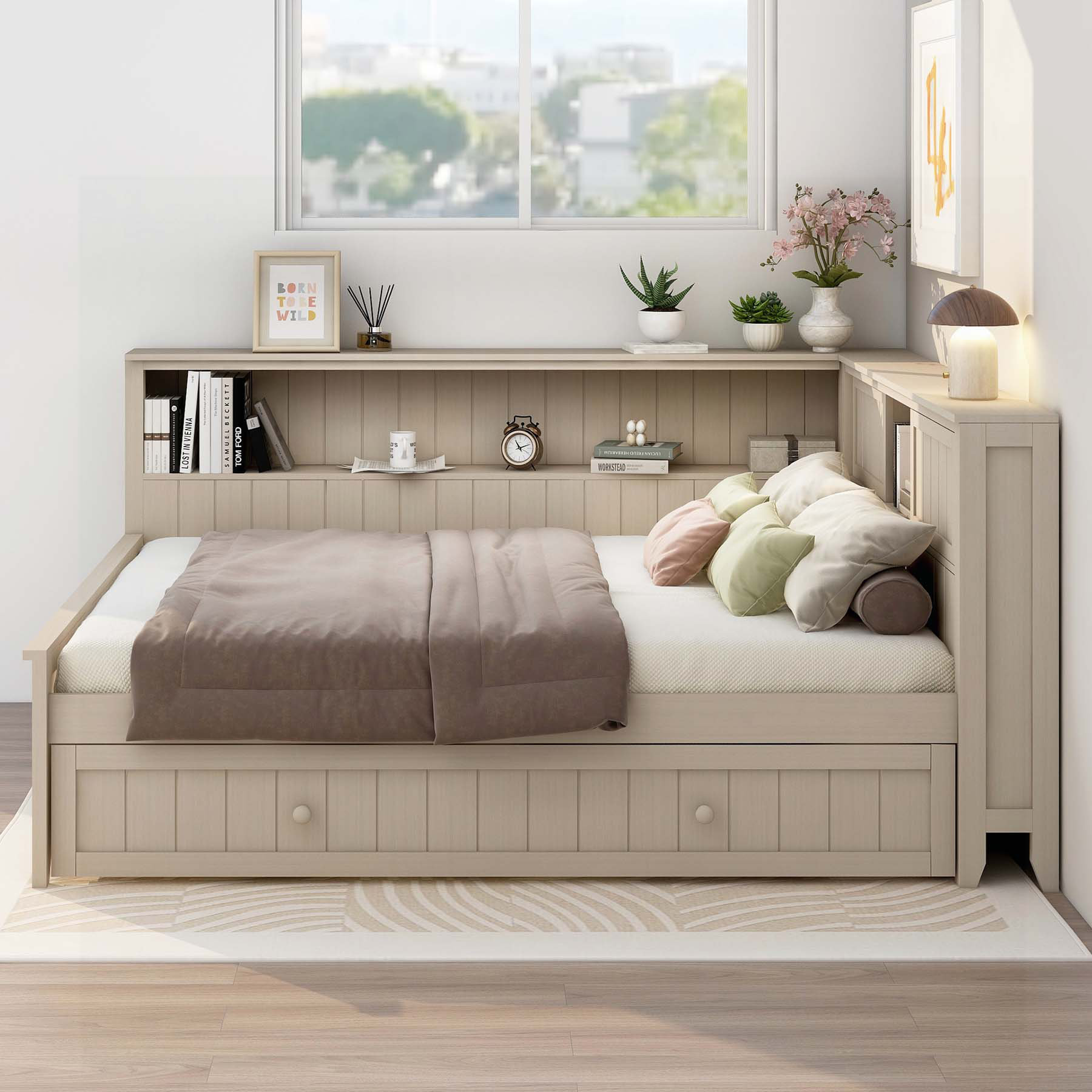 Hokku Designs Full Functionality Wood Daybed with Storage Shelves and ...