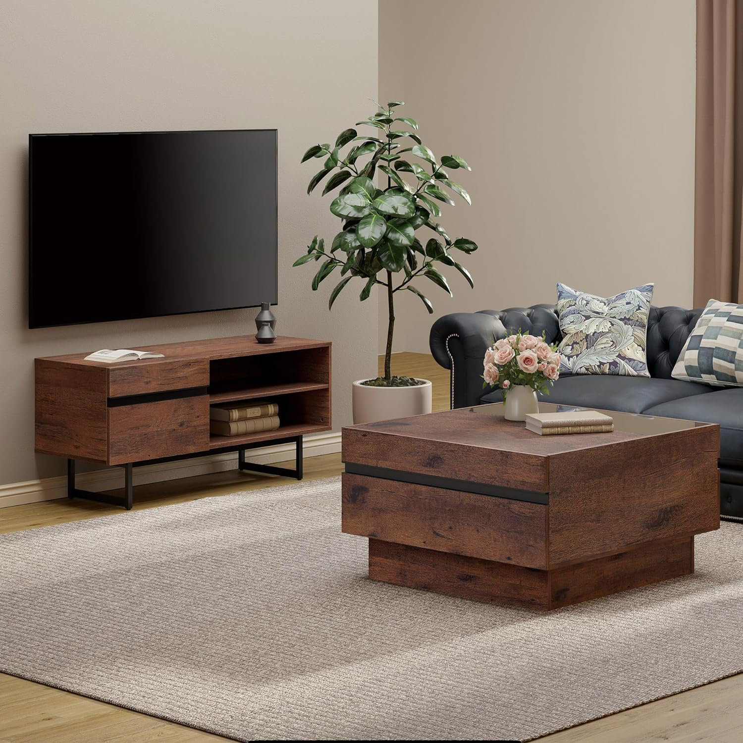 Latitude Run® Reinel Modern TV Stand And Coffee Table Set Of 2, Storage ...
