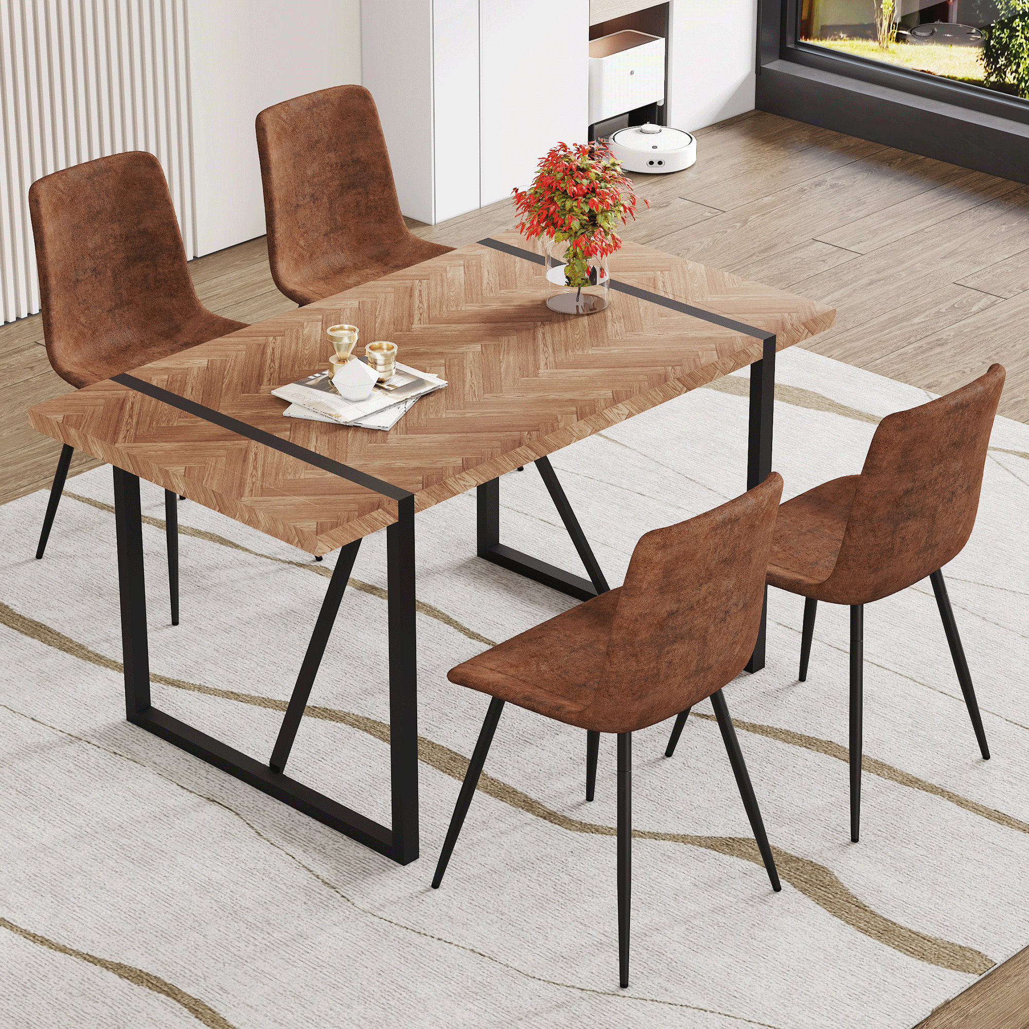 17 Stories Retro Dining Table Set With Fishbone Pattern And Ergonomic ...